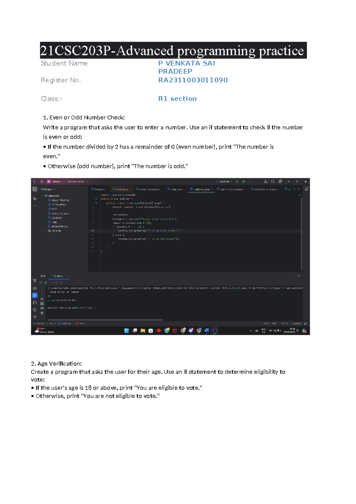 RA2311003011090 week1 basic java practice questions - 21CSC203P-Advanced programming practice ...