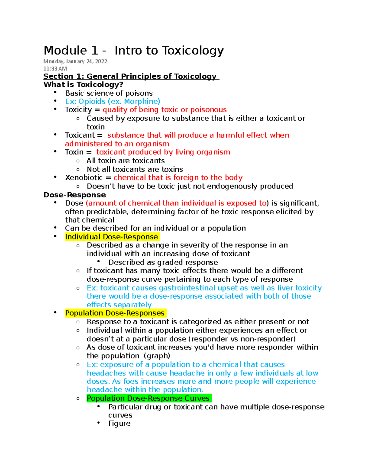 Module 1-PHAR 380 - Module 1 - Intro to Toxicology Monday, January 24 ...
