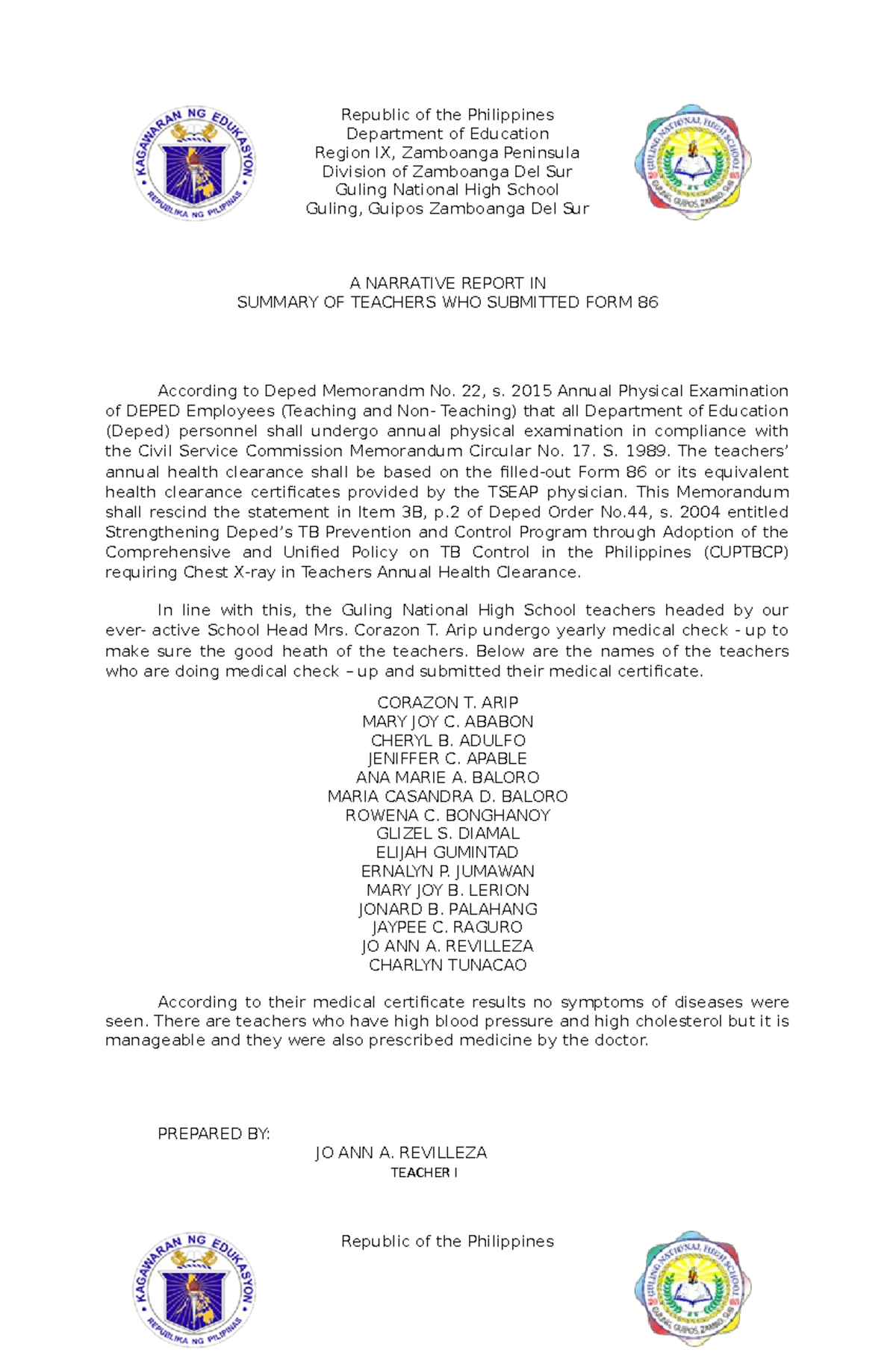 A Narrative Report IN - Republic of the Philippines Department of ...