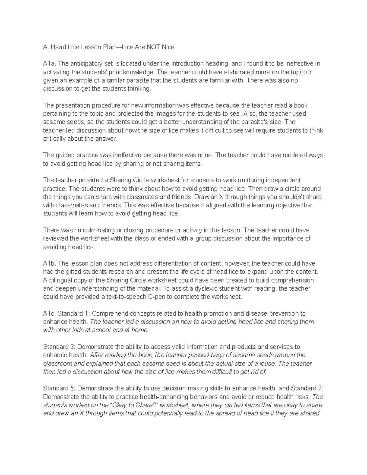 C367 Task 1 - A. Head Lice Lesson Plan—Lice Are NOT Nice A1a. The ...