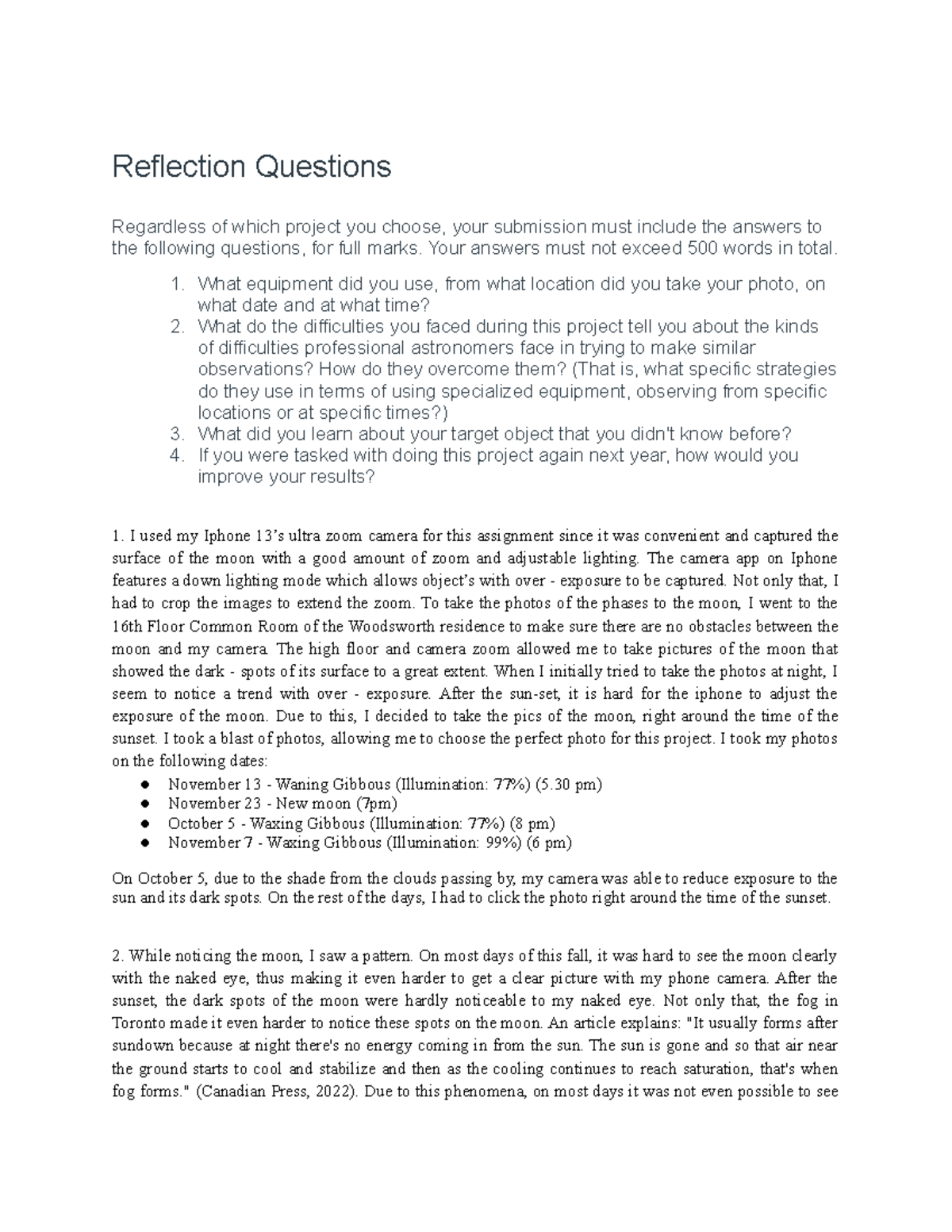 Final project - Reflection Questions Regardless of which project you ...