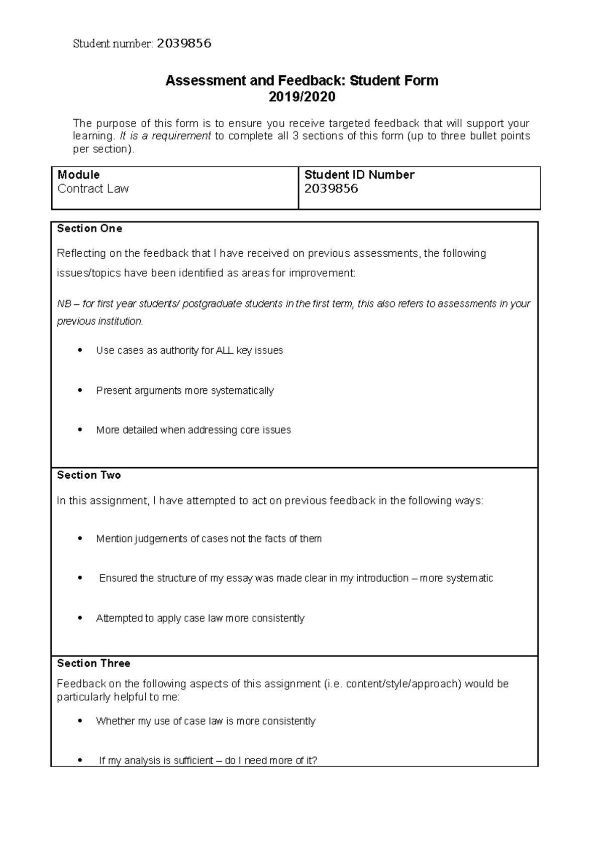 Contract Example - Assessment and Feedback: Student Form 2019/ The ...