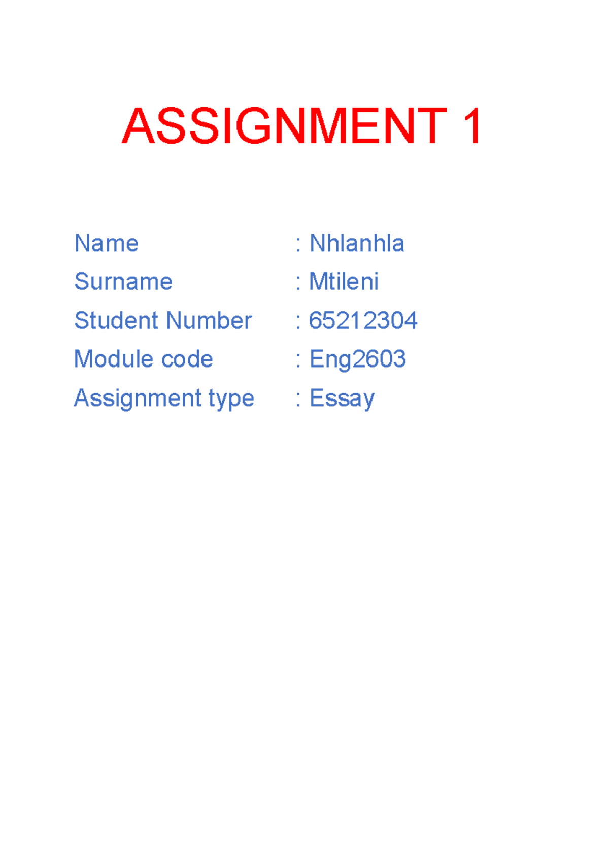 Assignment 1 - Balfour R. Education in SA - ASSIGNMENT 1 Name ...