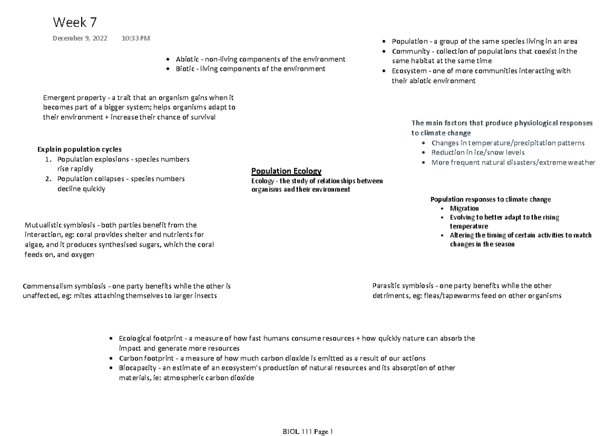 Week 7 - BIOL 111 Week 7 Content - Population Ecology Ecology - the ...