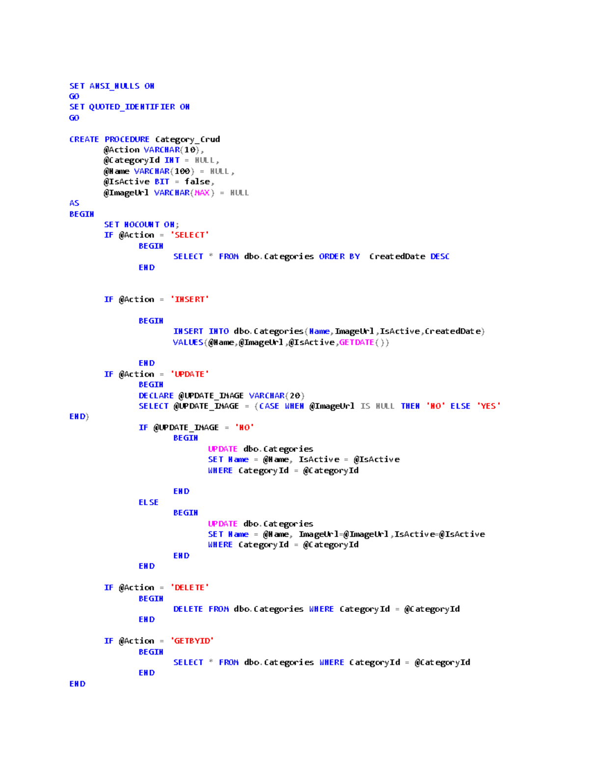 Store Procedure - SET ANSI_NULLS ON GO SET QUOTED_IDENTIFIER ON GO CREATE PROCEDURE Category ...