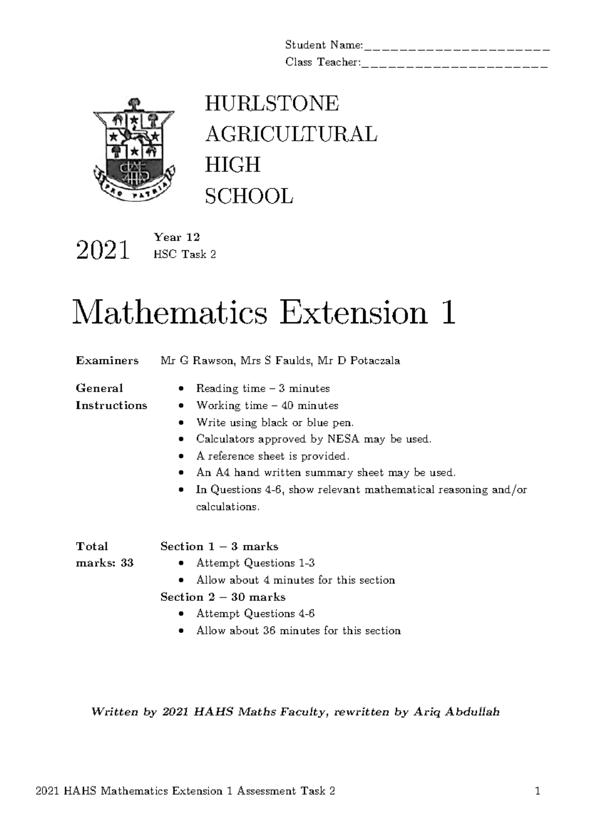 2021 hurlstone mathematics extension 1 task 2 w solutions - 2021 HAHS ...