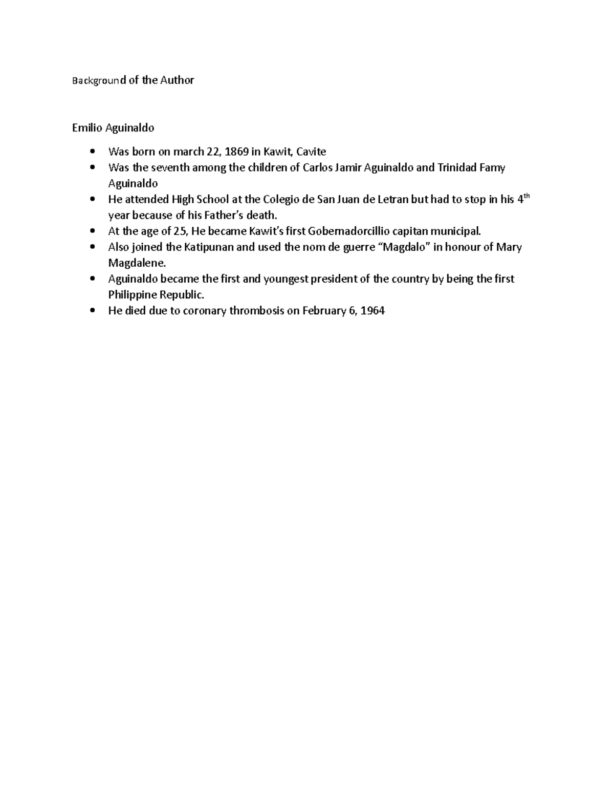 Document-1 - RIPH - Background of the Author Emilio Aguinaldo Was born ...