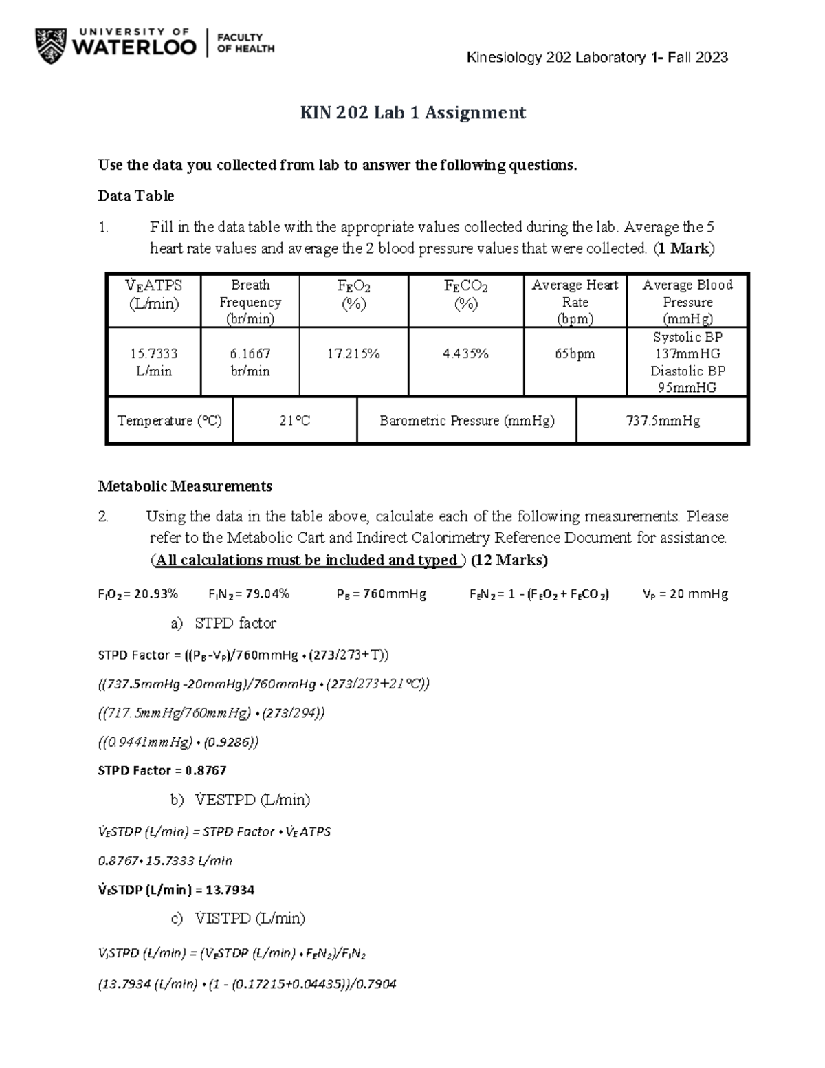 KIN 202 Lab 1 Assignment - F2023 - KIN 202 - UWaterloo - Studocu