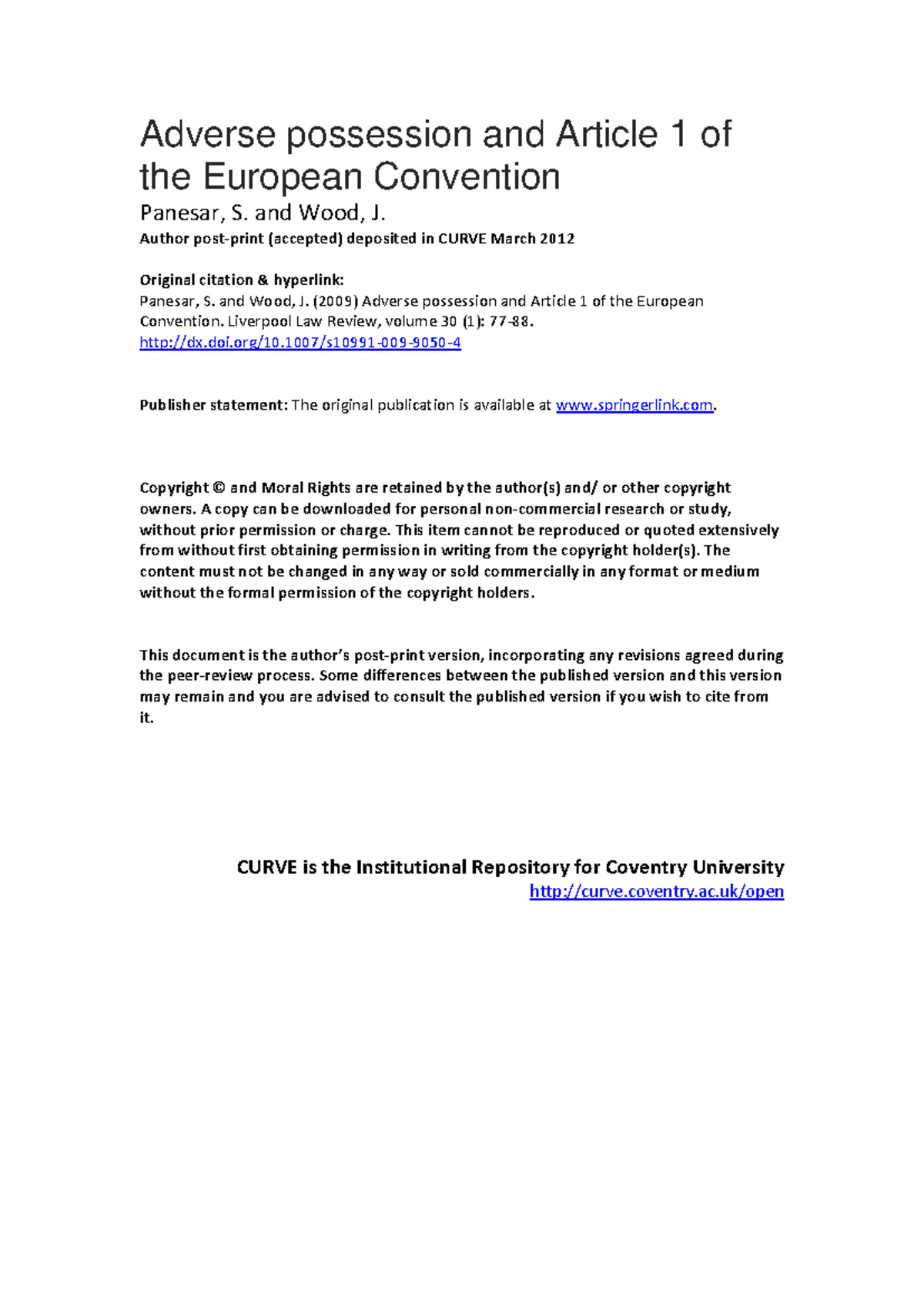 Adverse+possession 3 - Coursework - Adverse possession and Article 1 of the European Convention ...