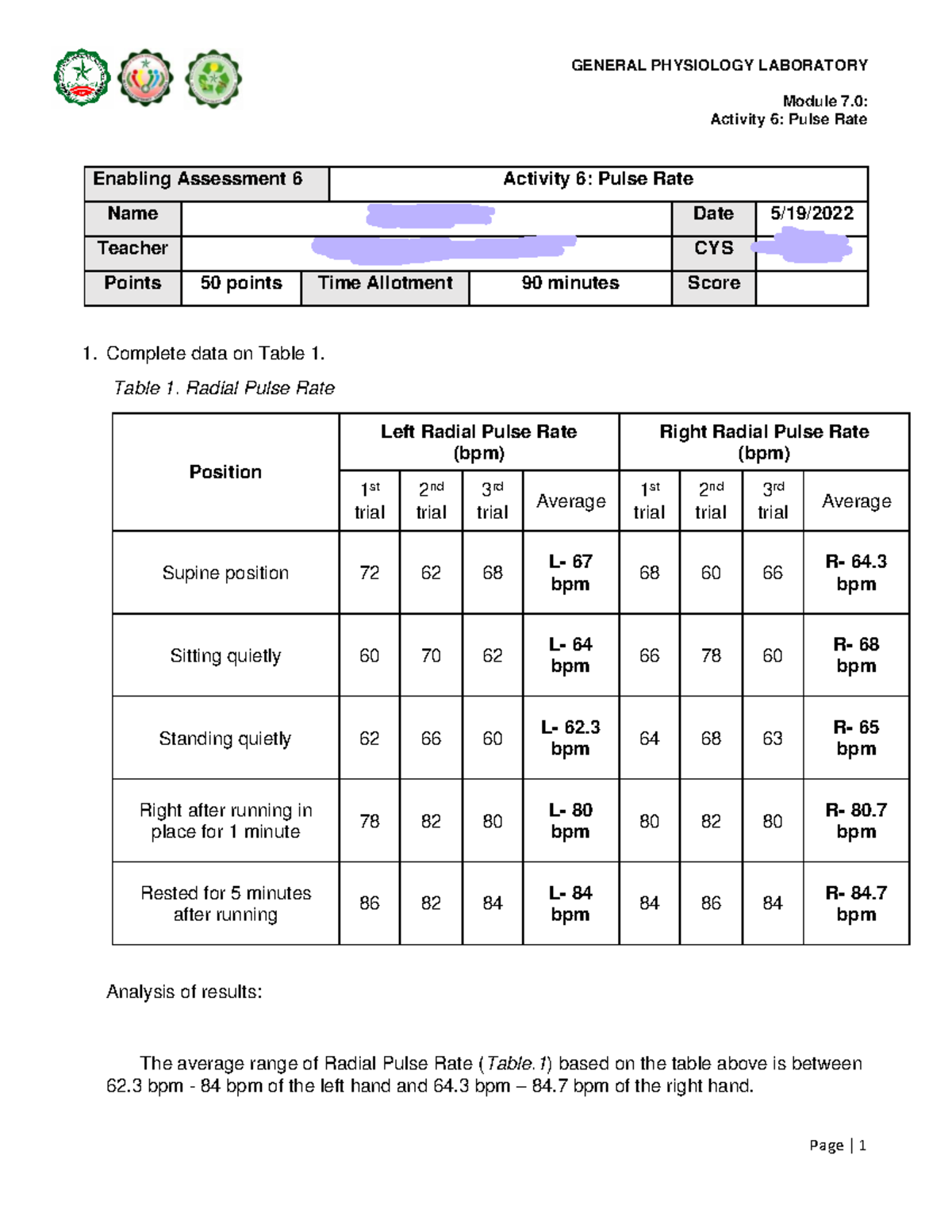 Enabling Assessment 6 KO - Module 7: Activity 6: Pulse Rate Enabling ...