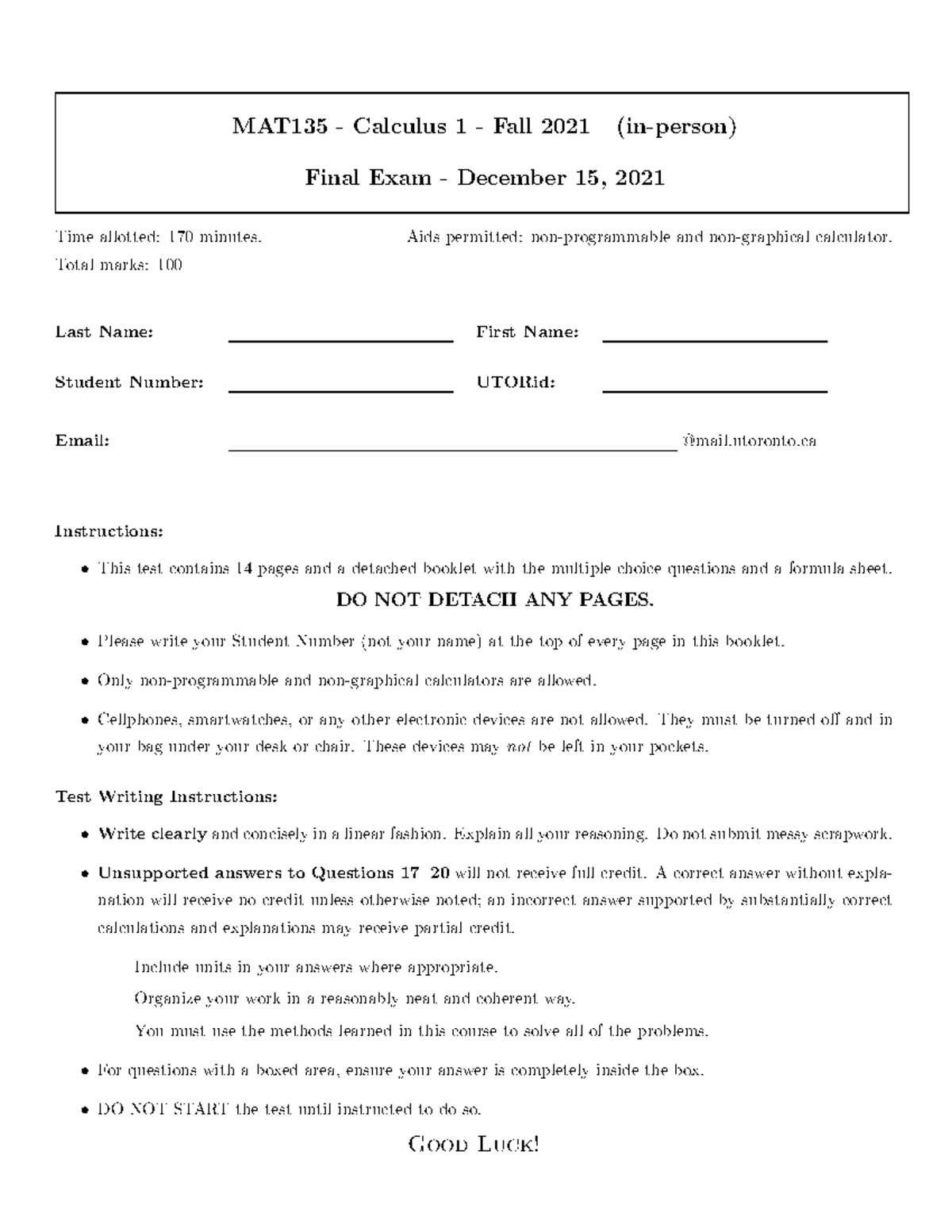 Mat135 f21 exam students full - MAT 135 - Calculus 1 - Fall 2021 (in ...