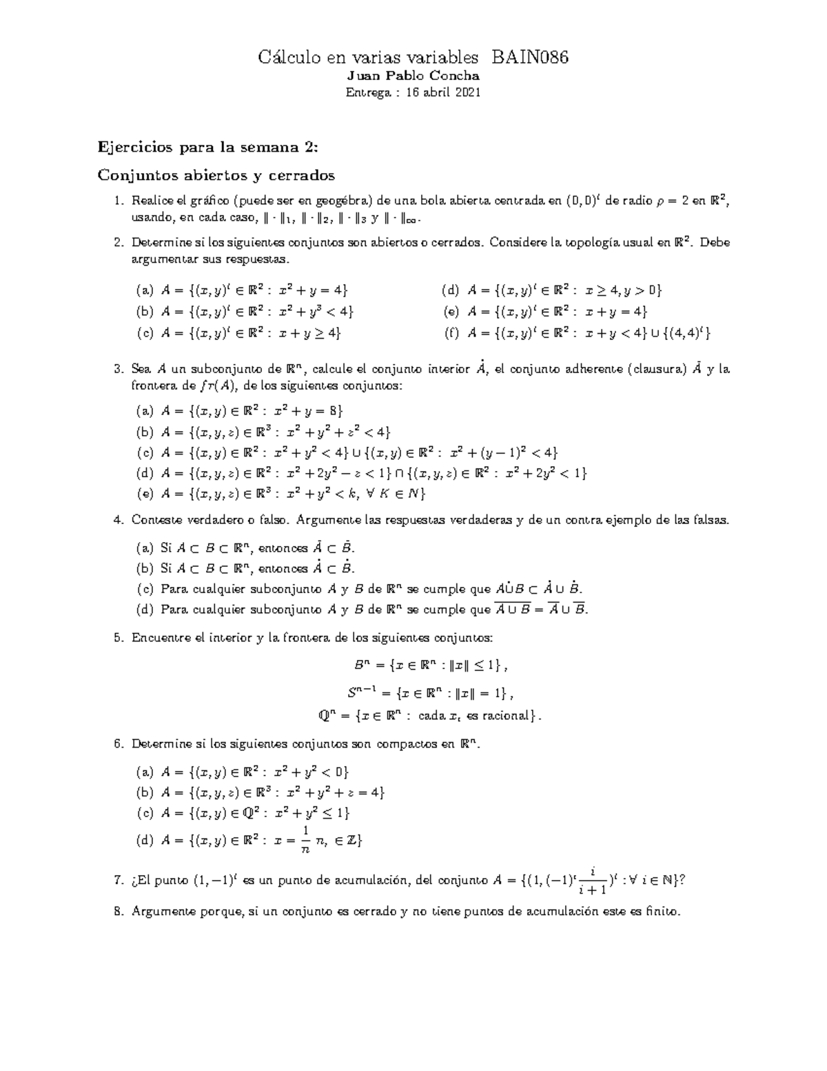 Gu a de ejercicios de c lculo en varias variables - C ́alculo en varias variables BAIN Juan ...