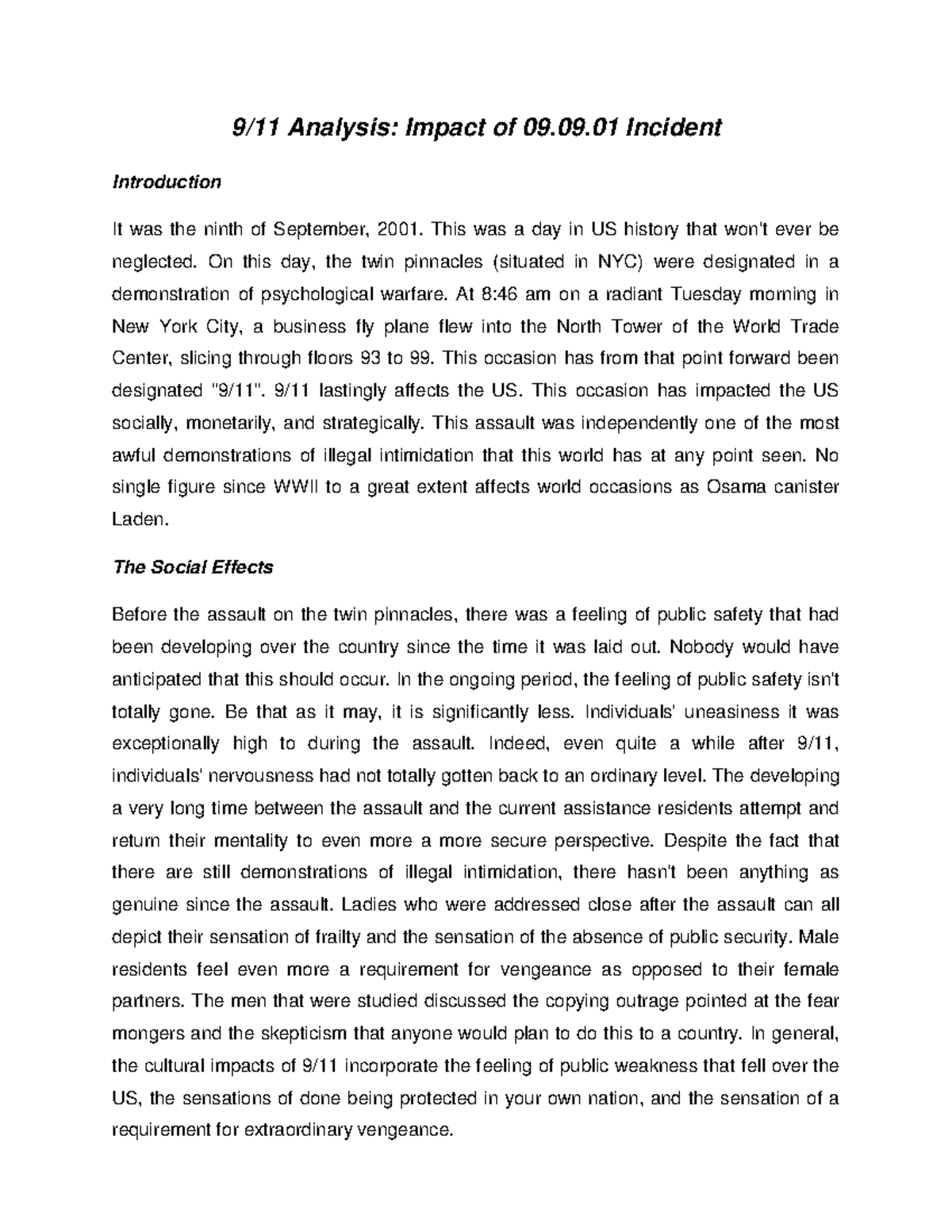 9/11 Analysis: Impact of 09/09/01 Incident - 9/11 Analysis: Impact of ...