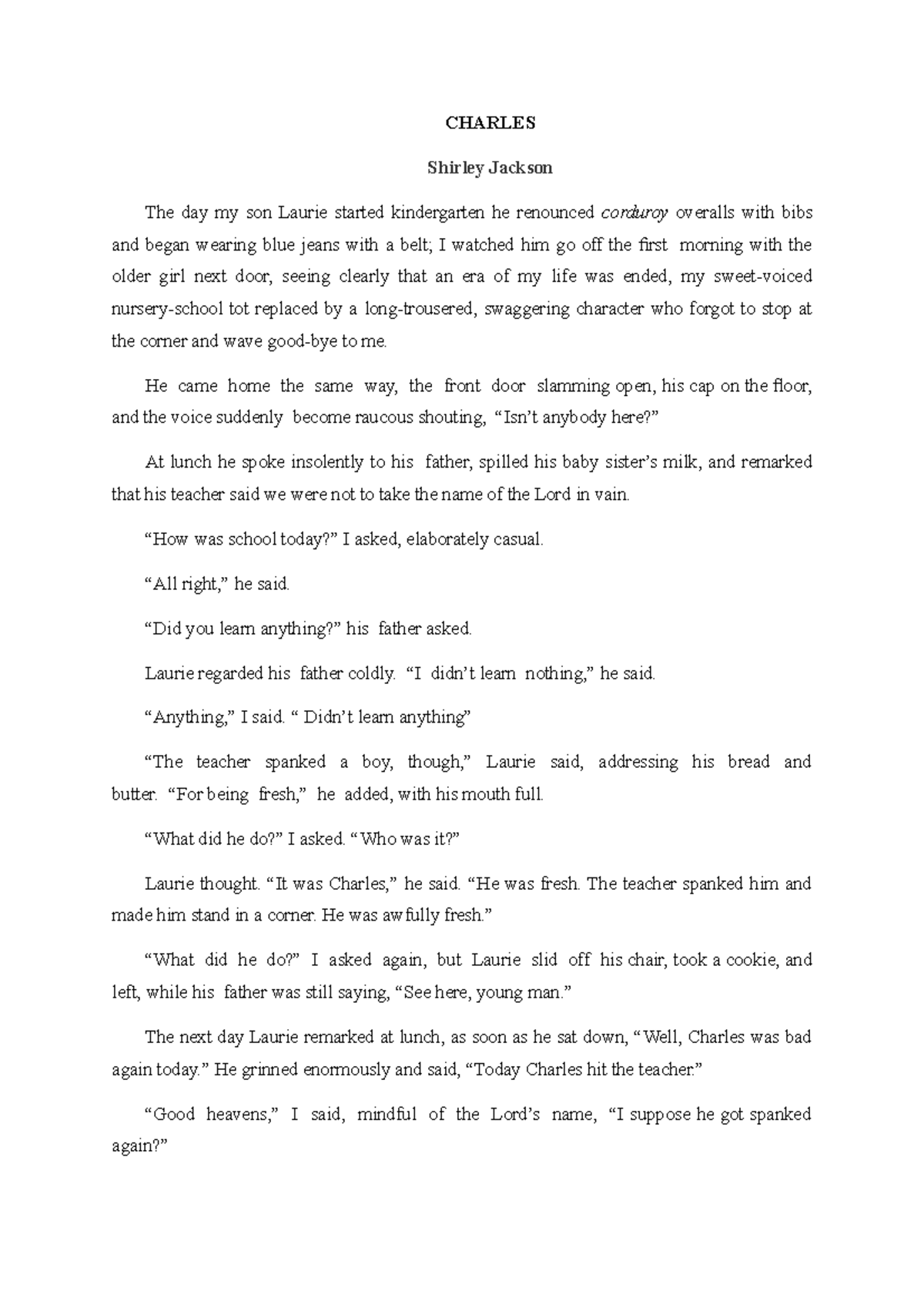 Charles - English Indo Translation - CHARLES Shirley Jackson The day my ...