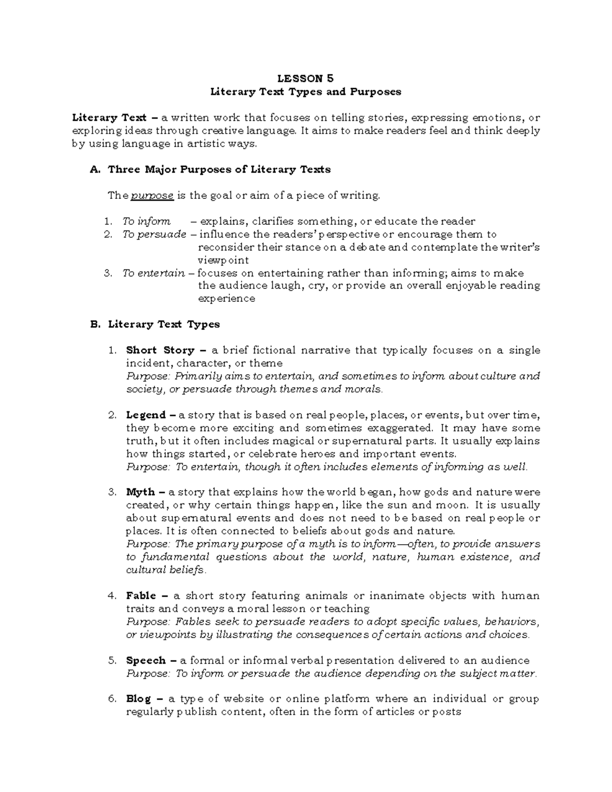 Readings on Lessons 5 and 6 - LESSON 5 Literary Text Types and Purposes ...