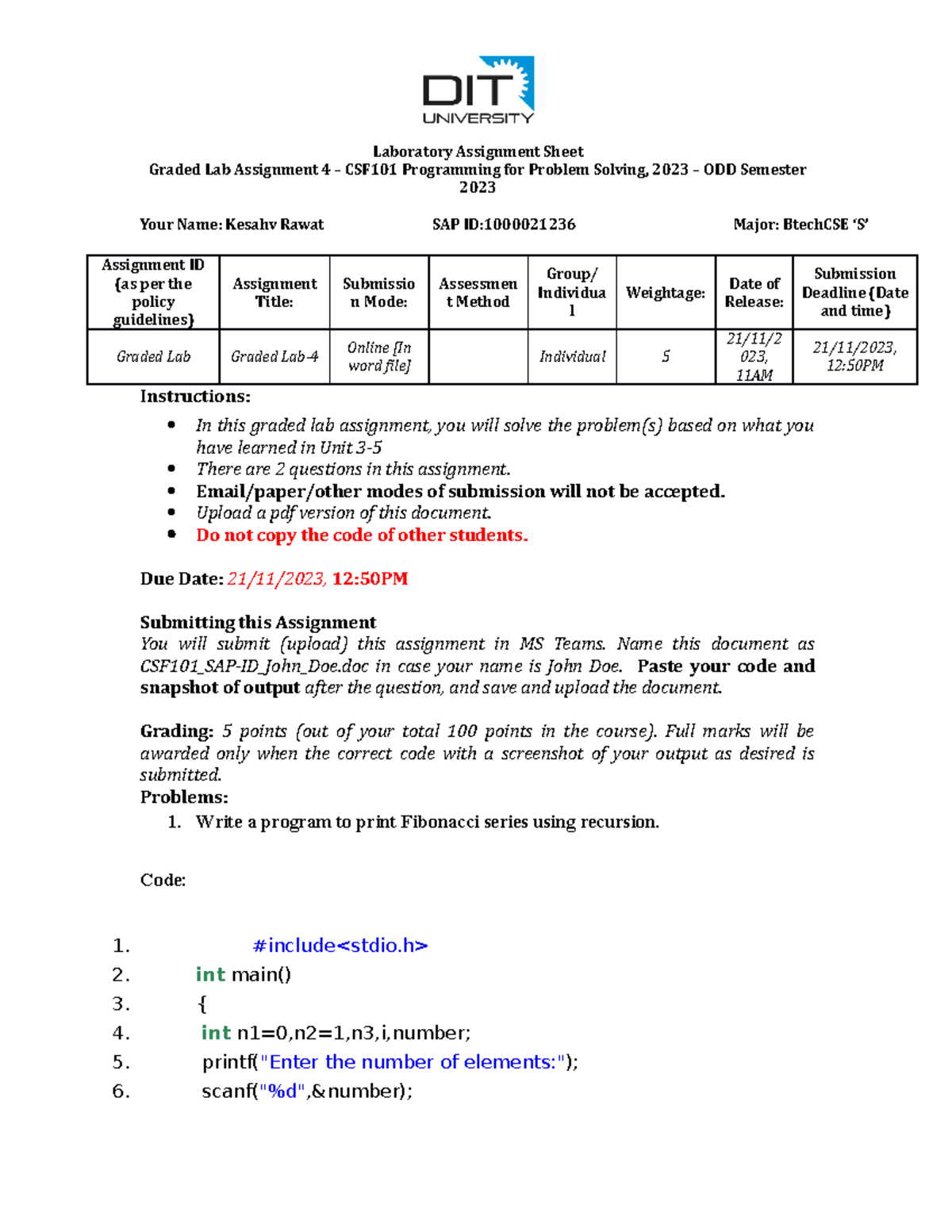CSF101-S(P1) Sapid-1000021236 - Graded Lab Assignment 4 – CSF101 Programming for Problem Solving ...