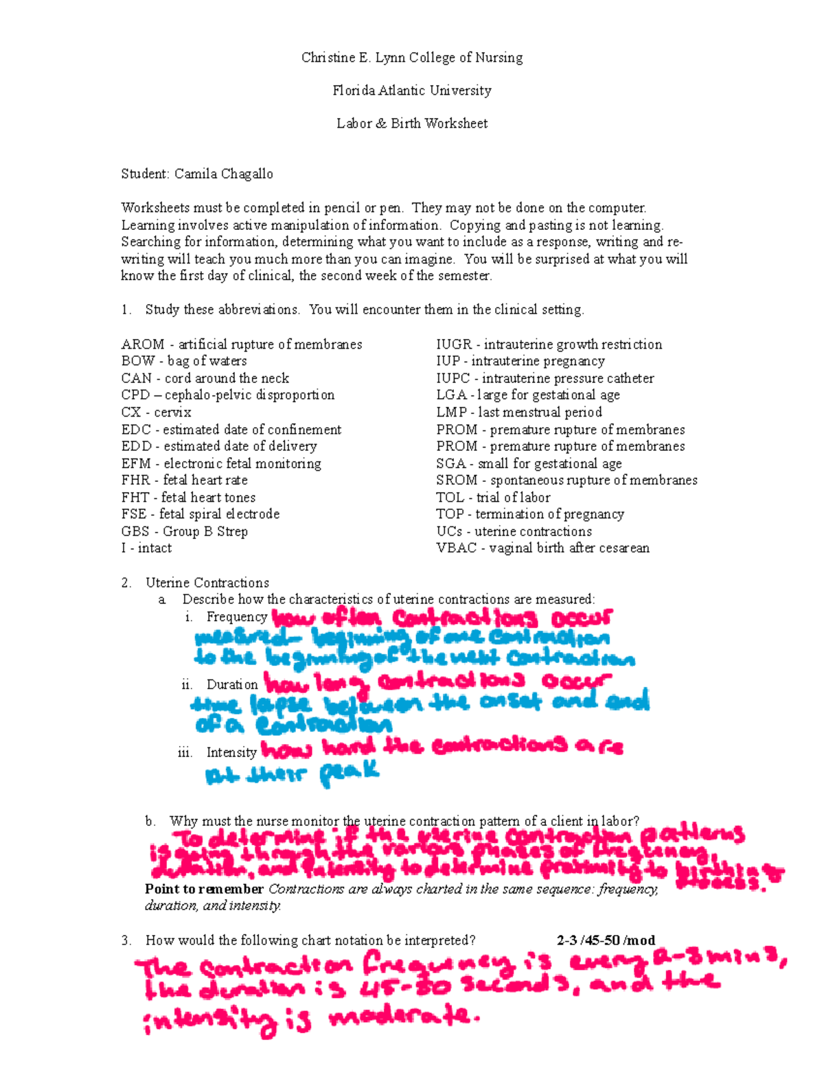 Labor and delivery Worksheet - Florida Atlantic University Labor ...