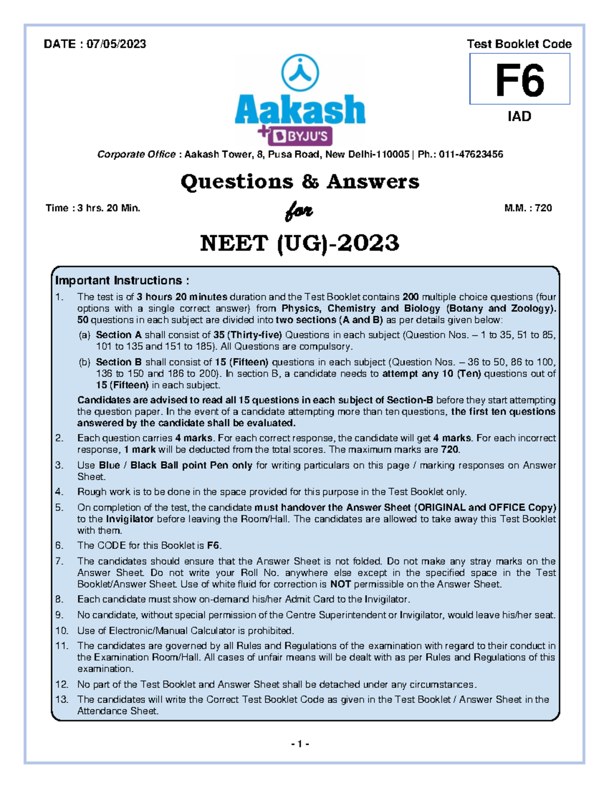 Qs Ans NEET-2023 (Code-F6) Final - Corporate Office : Aakash Tower, 8 ...