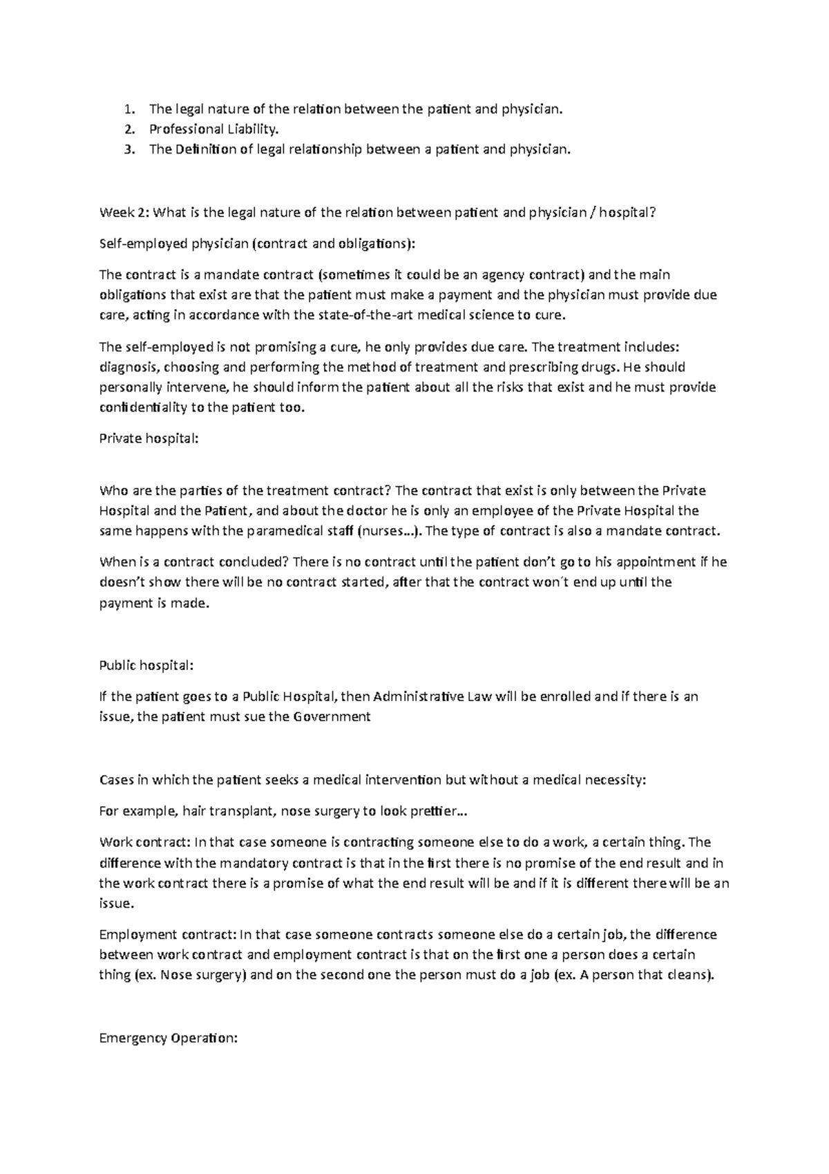 Medical Law LAW243 - The legal nature of the relation between the ...