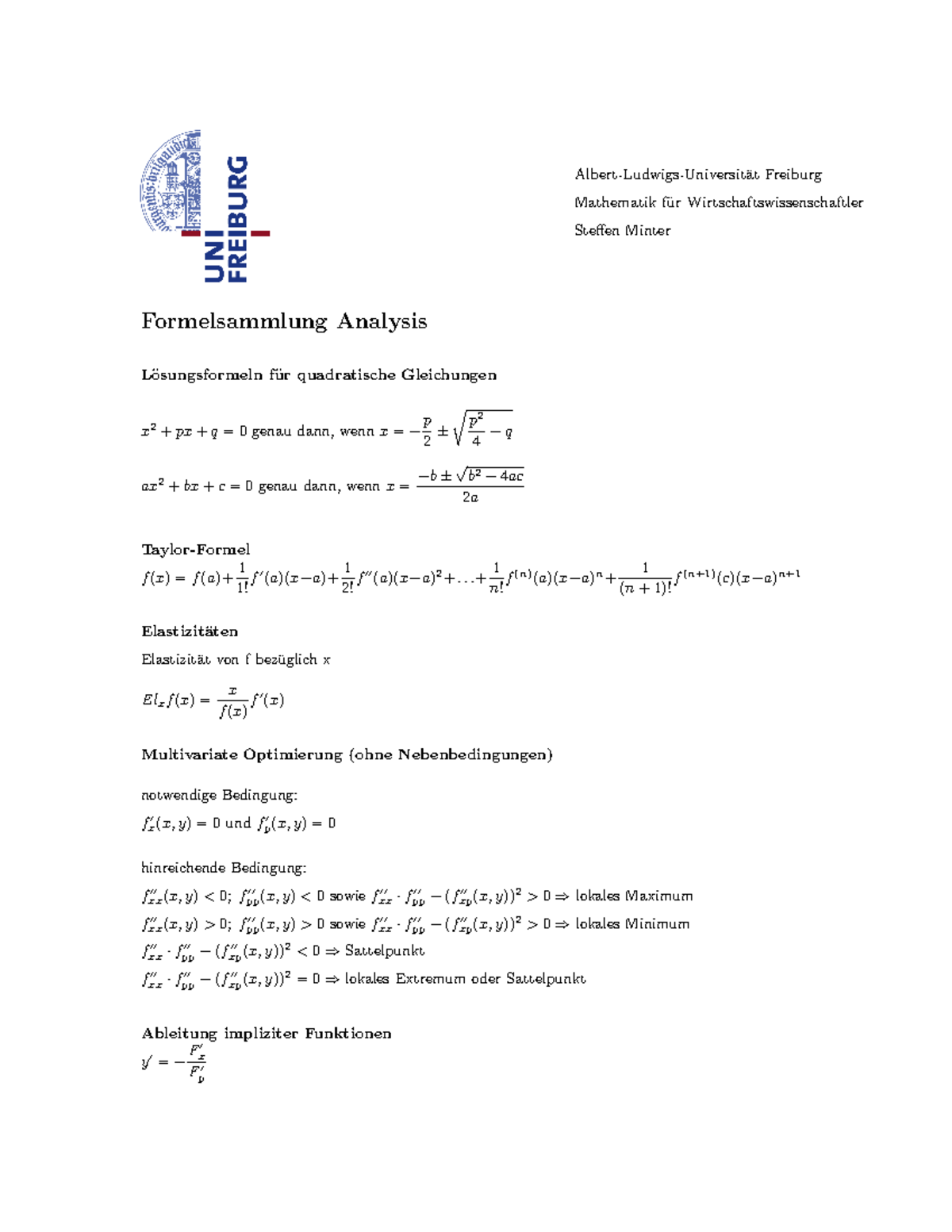 Formelsammlung Mathe - Albert-Ludwigs-Universit ̈at Freiburg Mathematik ...