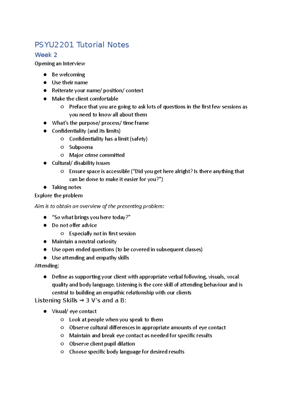 PSYU2201 Tutorial Notes - Listening is the core skill of attending ...