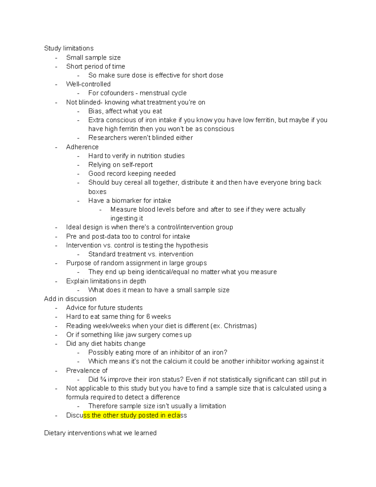 Nutr 302 Lab 5 notes - Study limitations - Small sample size - Short ...