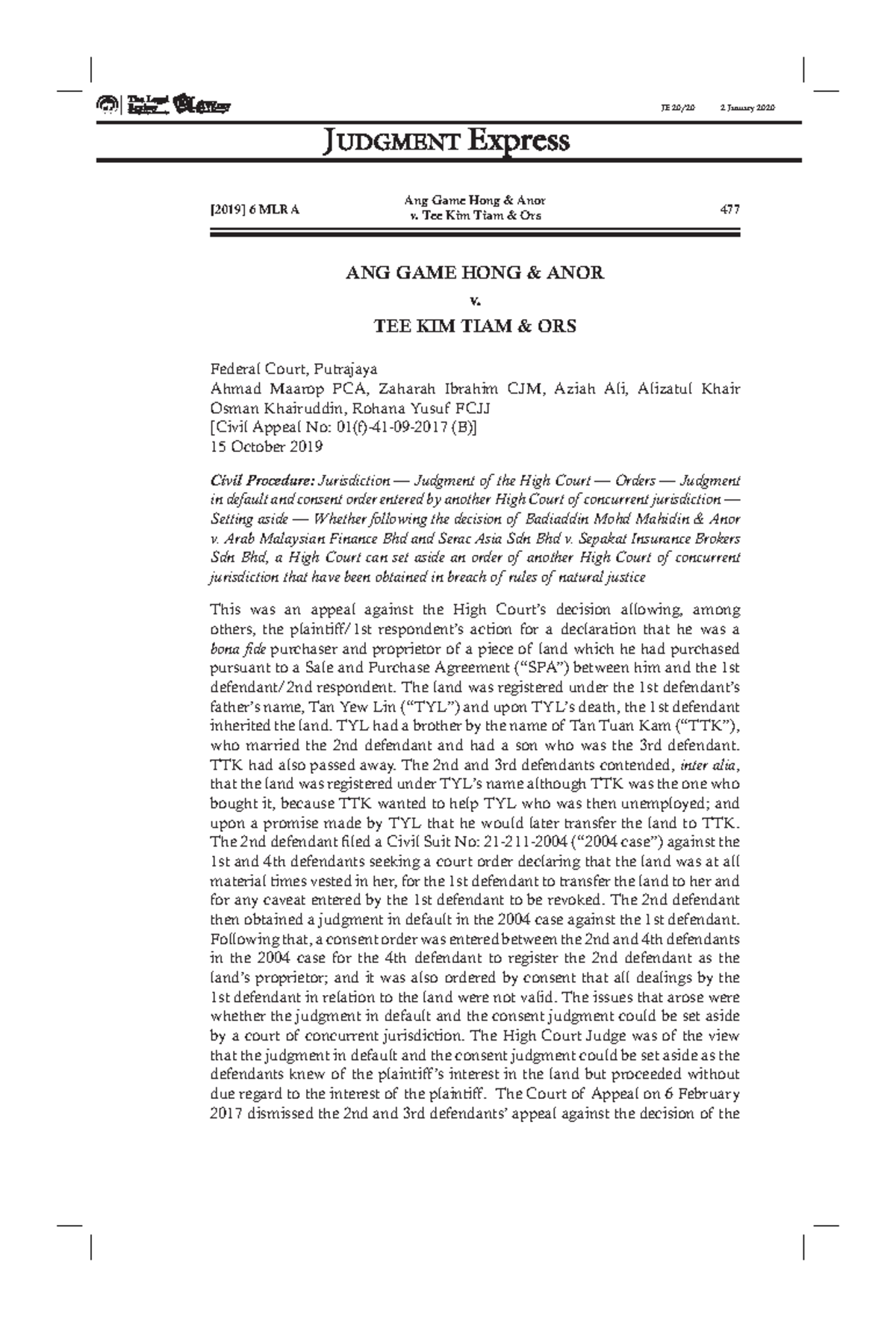 Ang game Hong - law - Ang Game Hong & Anor [2019] 6 MLRA v. Tee Kim ...