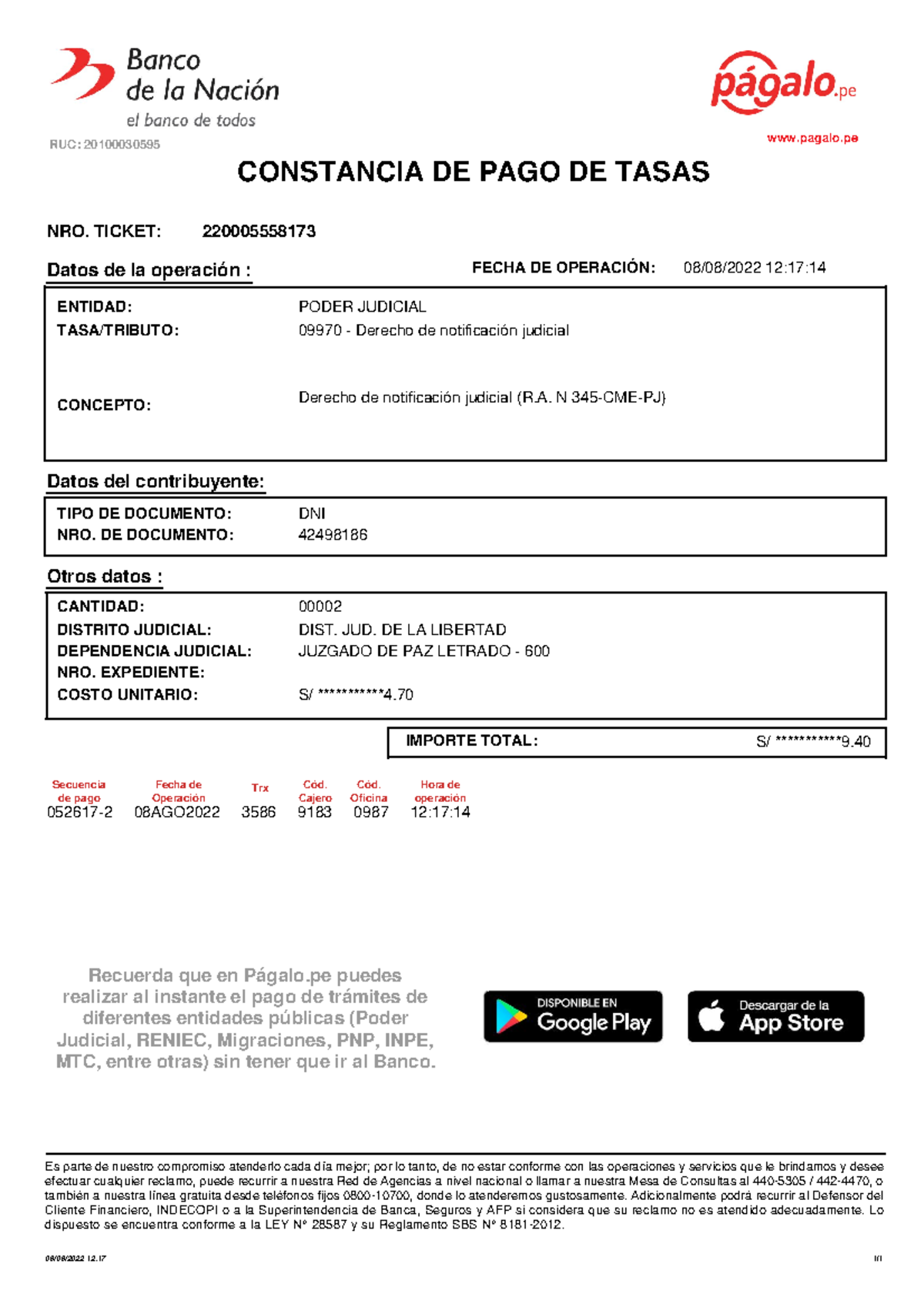 Constancia - TRABAJO ACADEMICO - CONSTANCIA DE PAGO DE TASAS RUC: 20100030595 pagalo FECHA DE ...