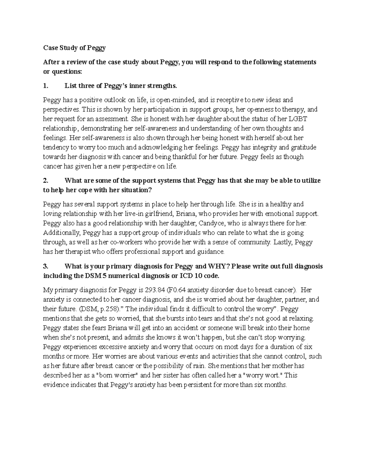 Case Study of Peggy - Case Study of Peggy After a review of the case ...