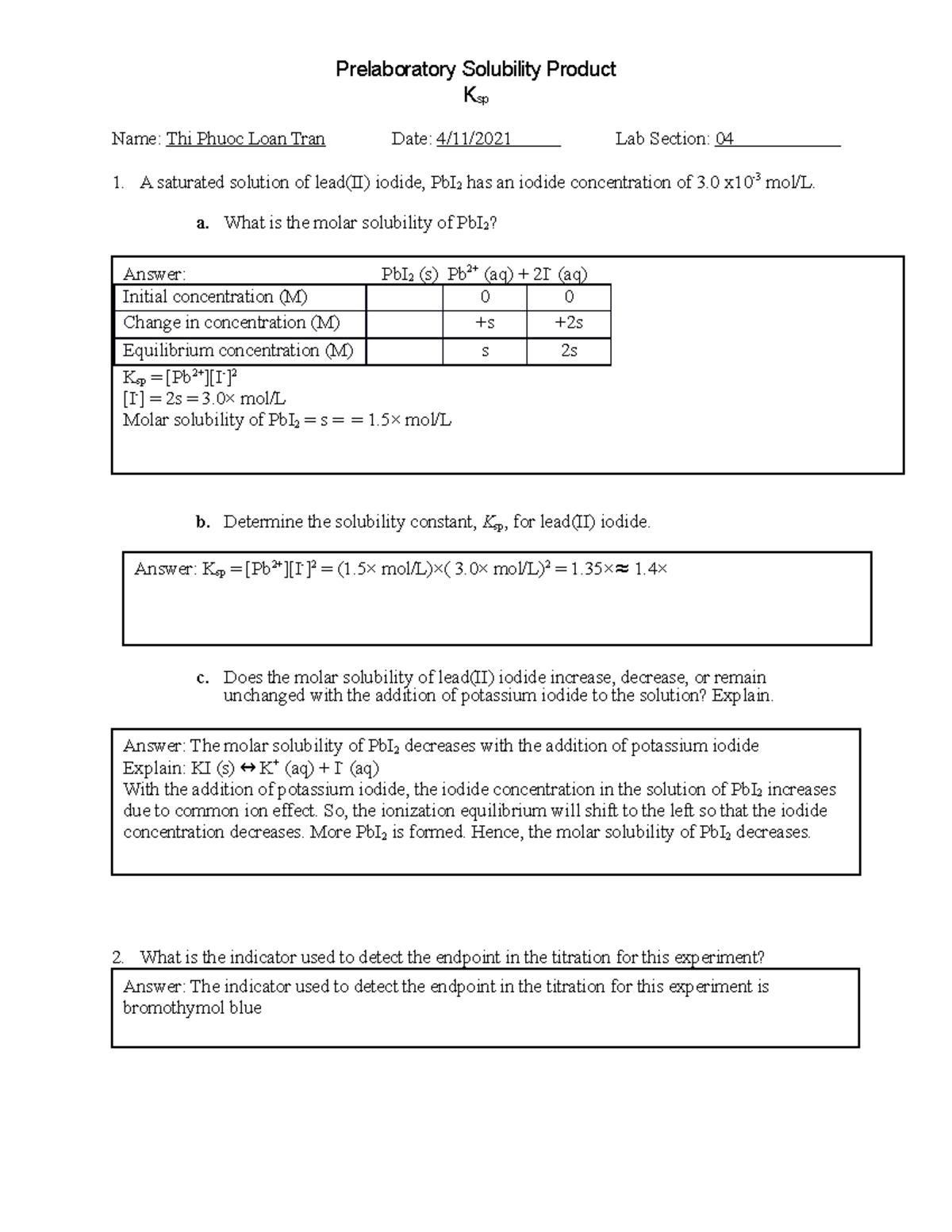 Solubility product Ksp prelab - Prelaboratory Solubility Product Ksp ...
