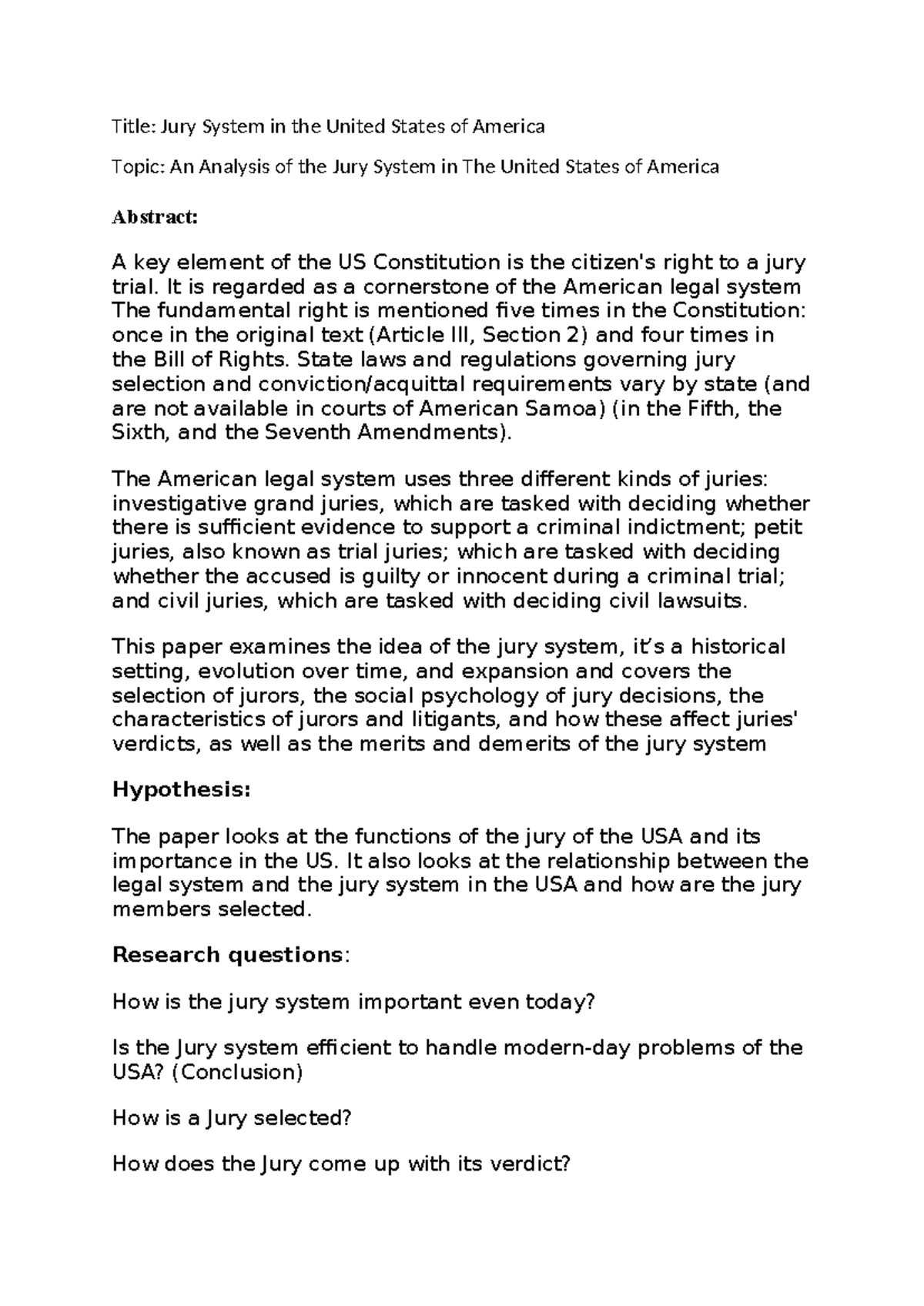 Jury system in USA - pol sci 4 - Title: Jury System in the United ...