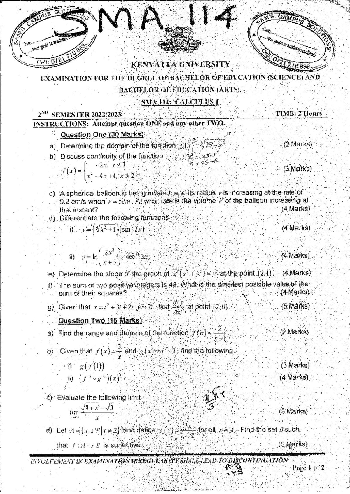 SMA 104 BY George Kevin WISE - Calculus 1 - Studocu