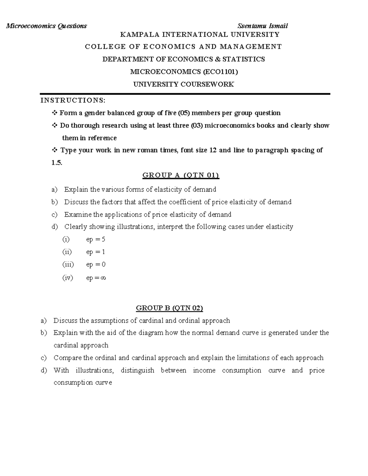 Micro Coursework Questions Pdf Kampala International University C O L L E G E O F E C O N O M