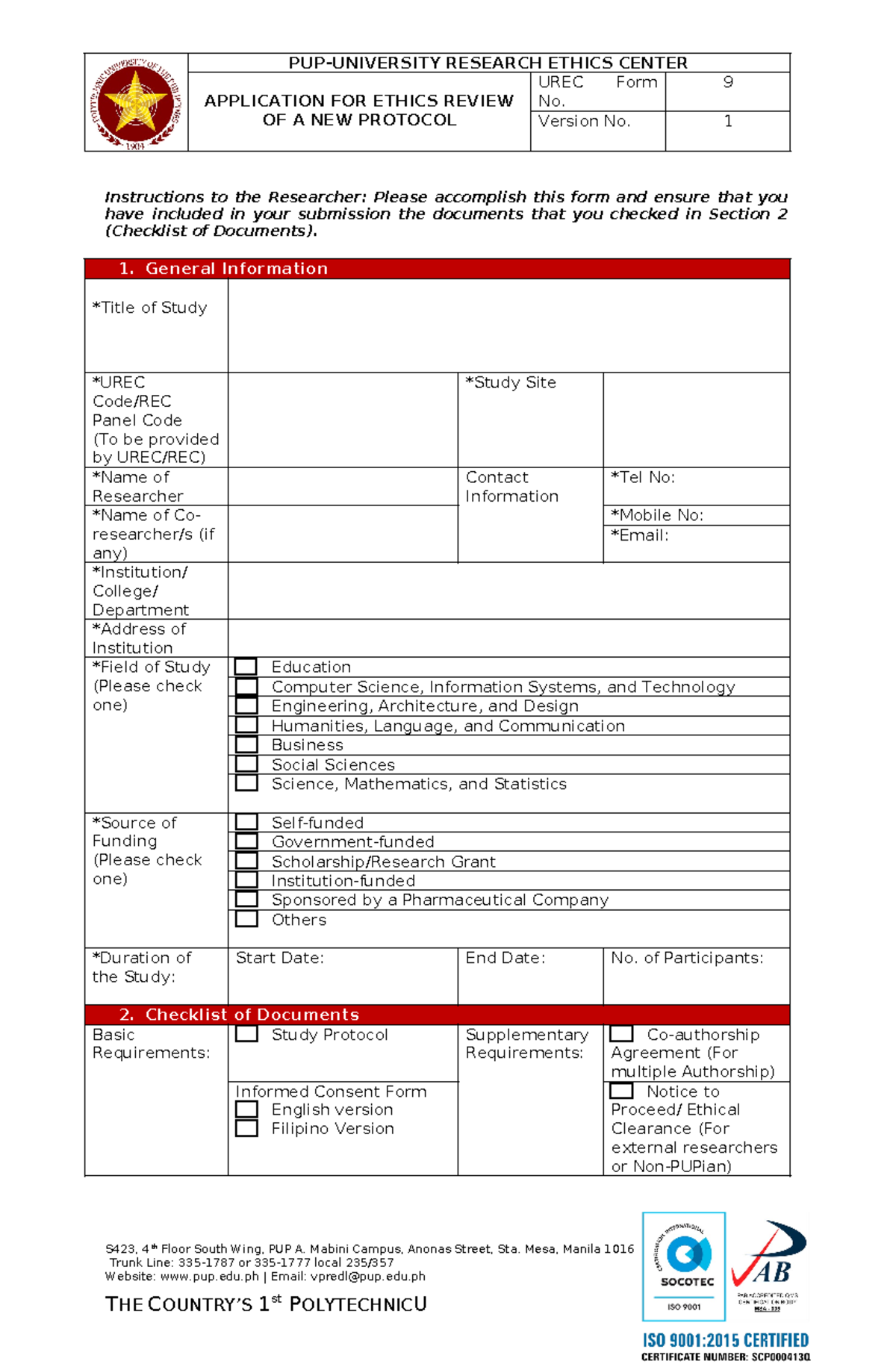 UREC Form 9 Application for Ethics Review of New Protocol - PUP ...