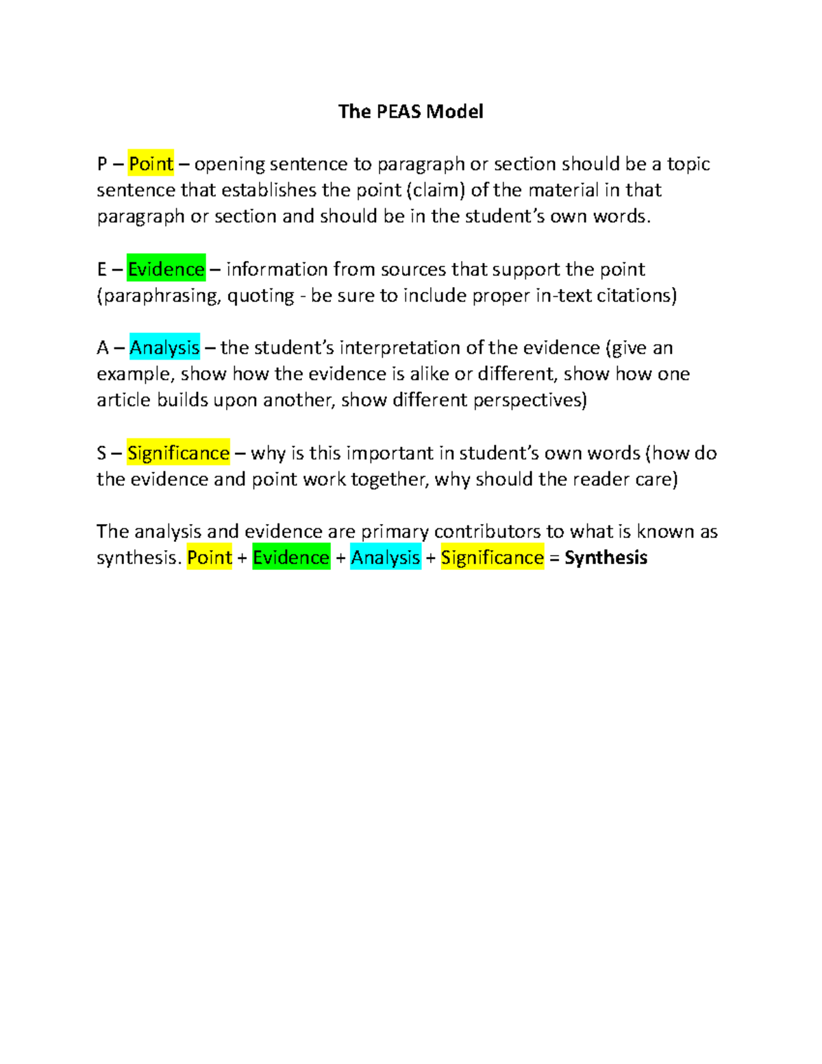 The PEAS Model - E – Evidence – information from sources that support ...