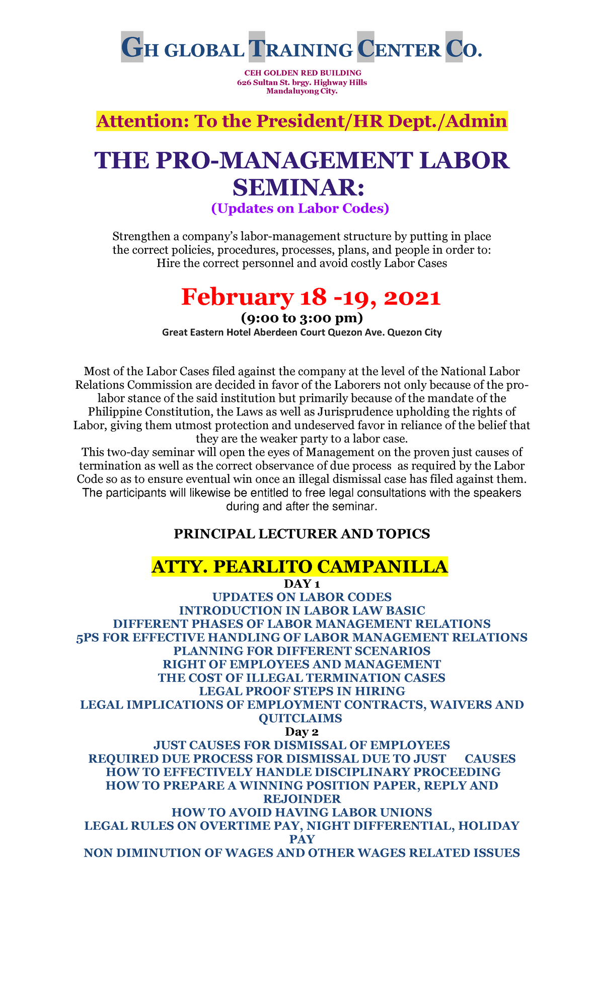 Pro management labor seminar-pdf - GH GLOBAL TRAINING CENTER CO. CEH ...