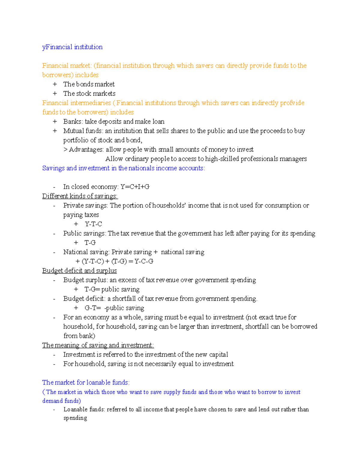 Saving, Investment and the financail system - yFinancial institution ...