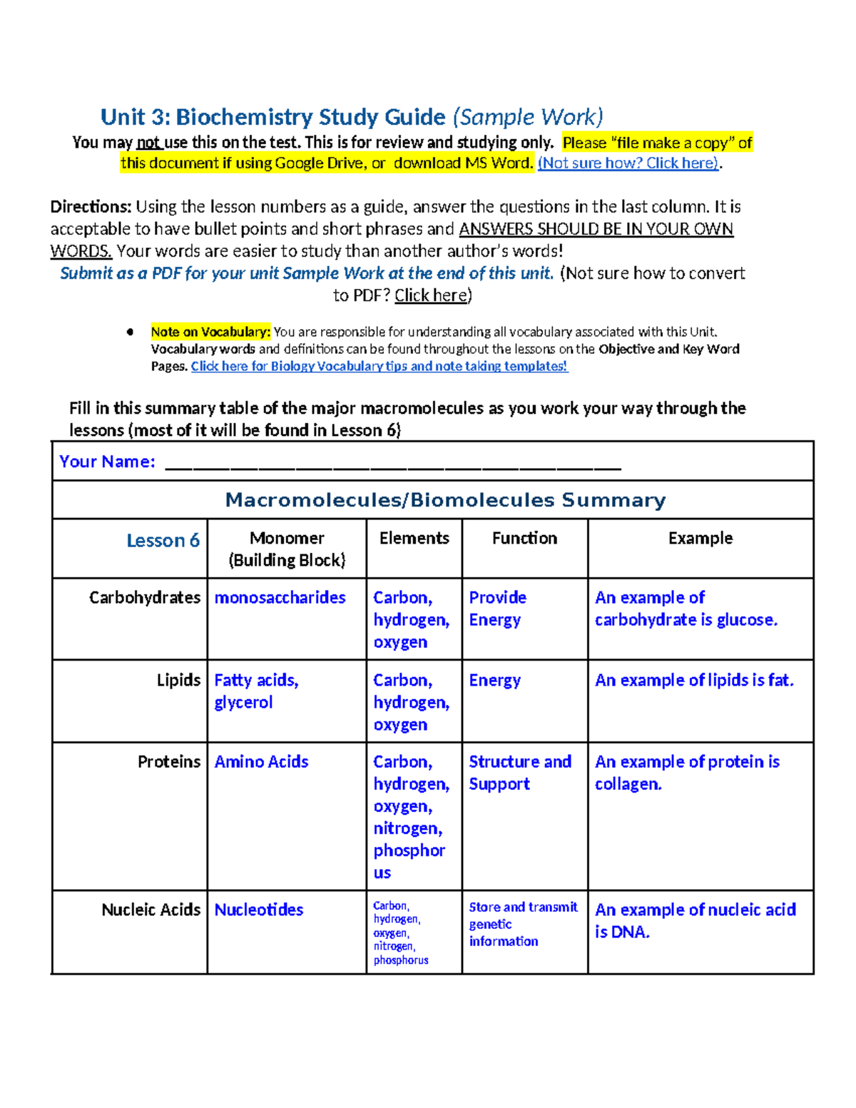 T1U3 Biochemistry Study Guide (1) - Unit 3: Biochemistry Study Guide ...