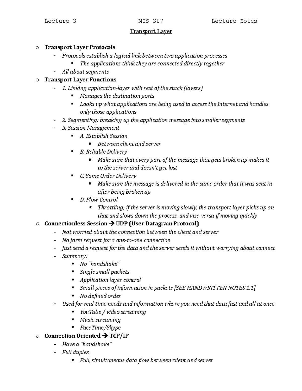 Transport Layer - Teacher: Joseph Buckman - Lecture 3 MIS 307 Lecture ...