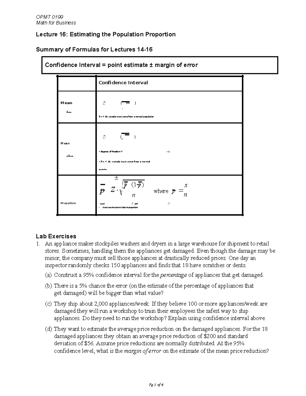 Class 16 pttra 0199Labs ptercise Questions online 1 - OPMT 0199 Math for Business Lecture 16 ...