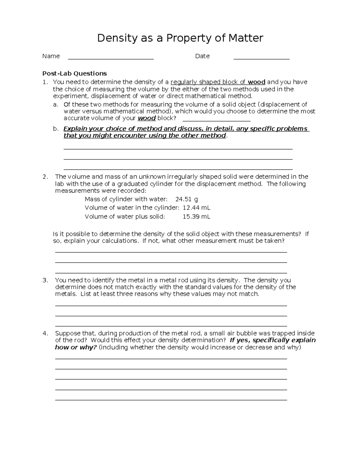 Experiment - Postlab Density as a Property of Matter - Density as a ...