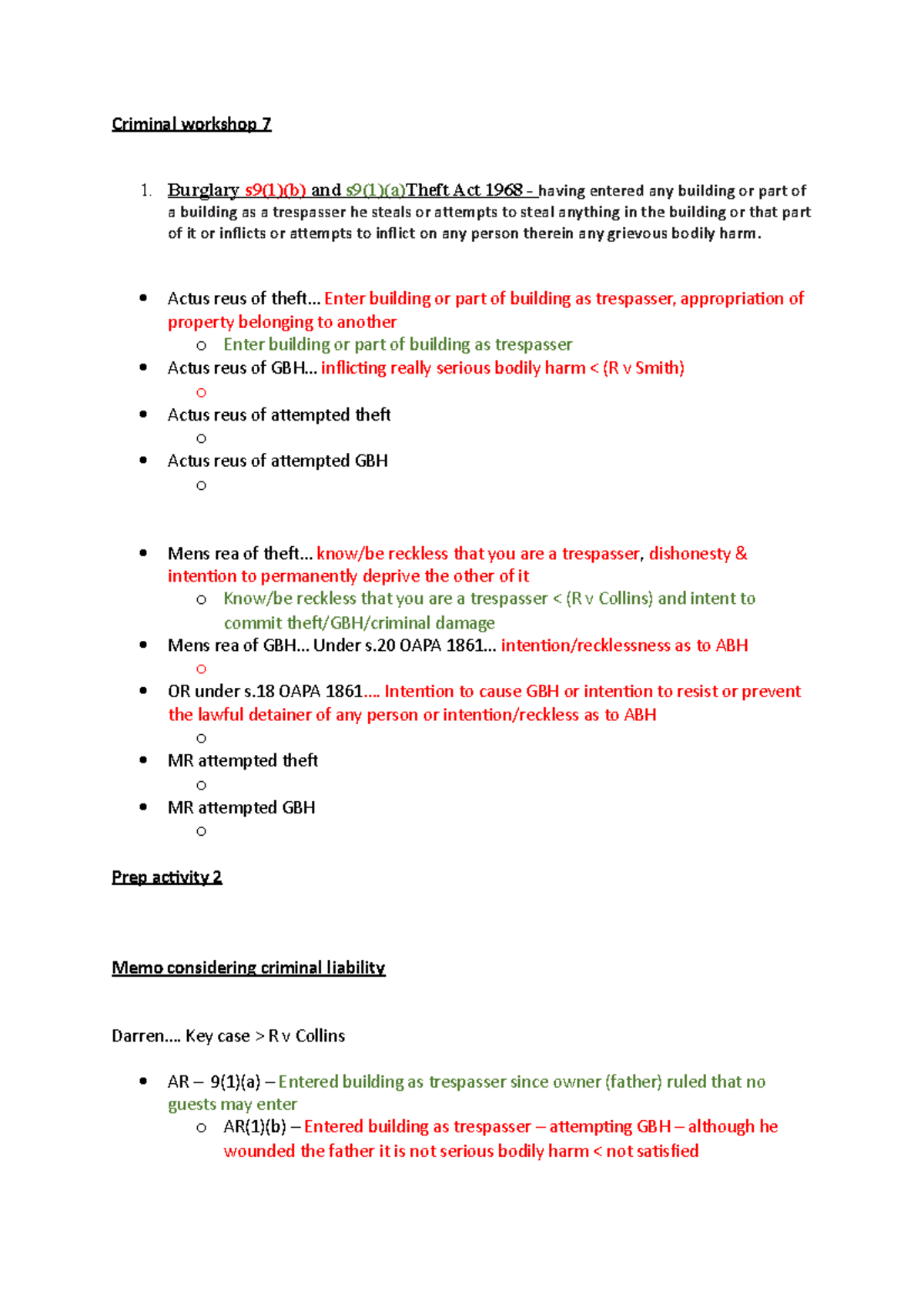 Criminal workshop 7 - burglary and theft - Criminal workshop 7 Burglary ...