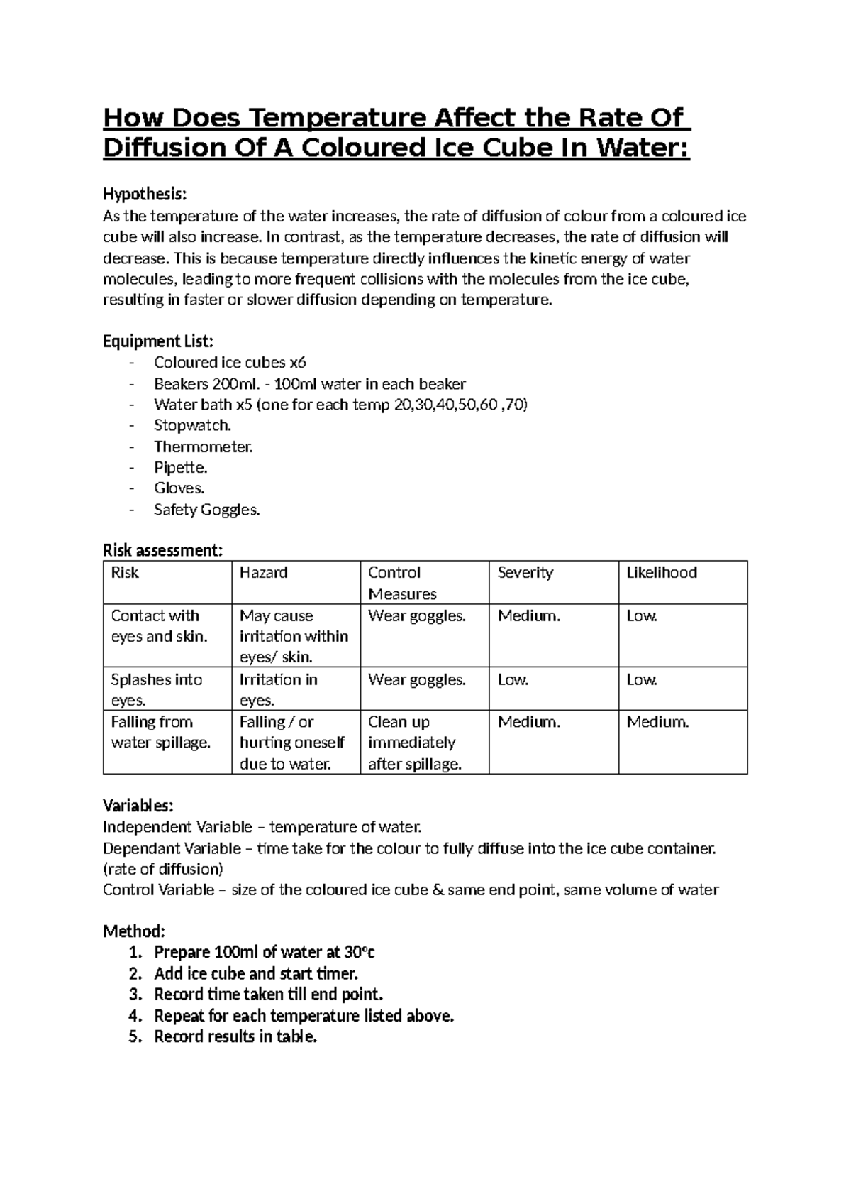 Diffusion Experiment. - How Does Temperature Affect the Rate Of ...