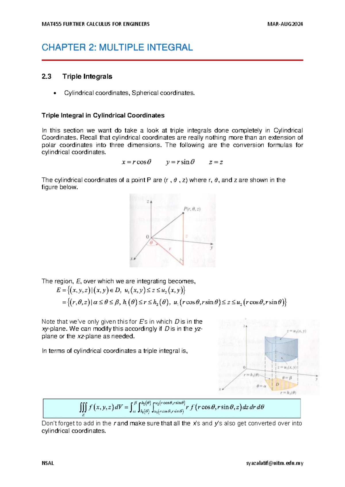MAT455 Week 8 - lecture notes on triple intregrations - CHAPTER 2 ...