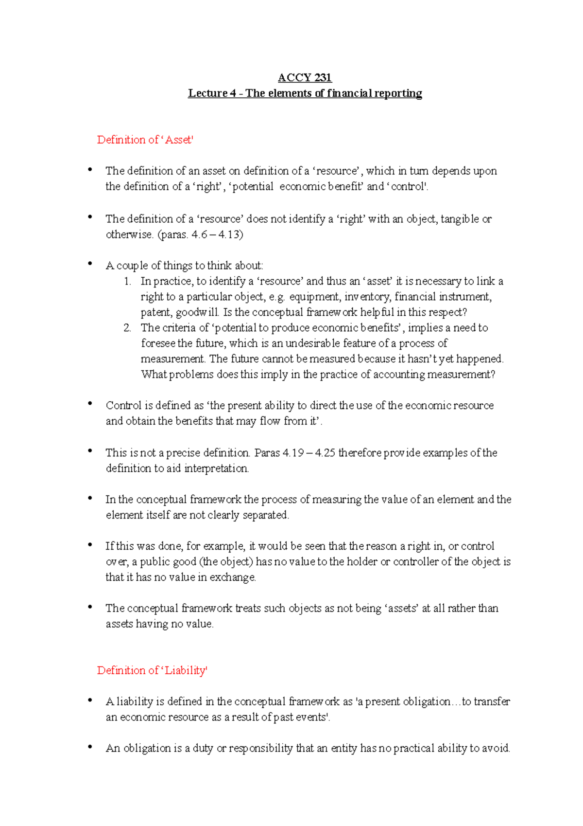 Lecture 4 - ACCY 231 - ACCY 231 Lecture 4 - The elements of financial ...