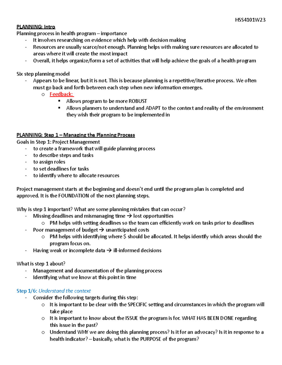 HSS4101 Planning_notes(mix) - PLANNING: Intro Planning process in ...