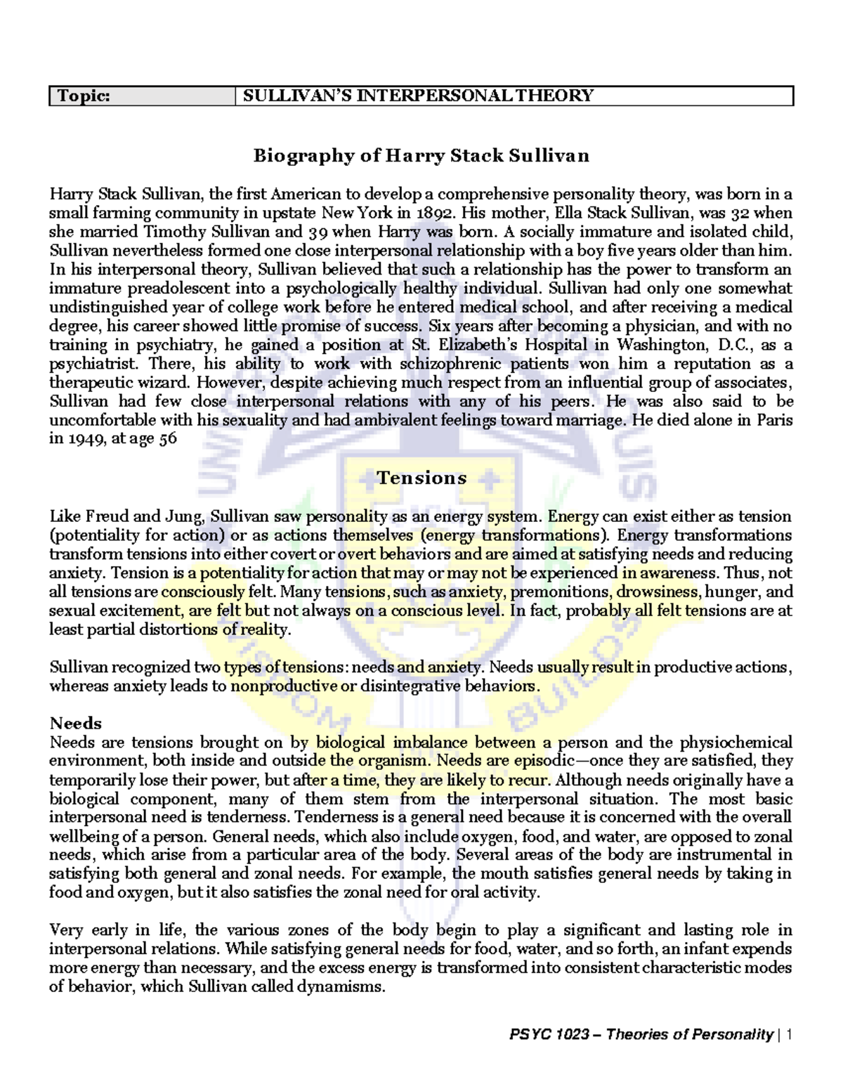 Sullivan (module) - Topic: SULLIVAN’S INTERPERSONAL THEORY Biography of ...