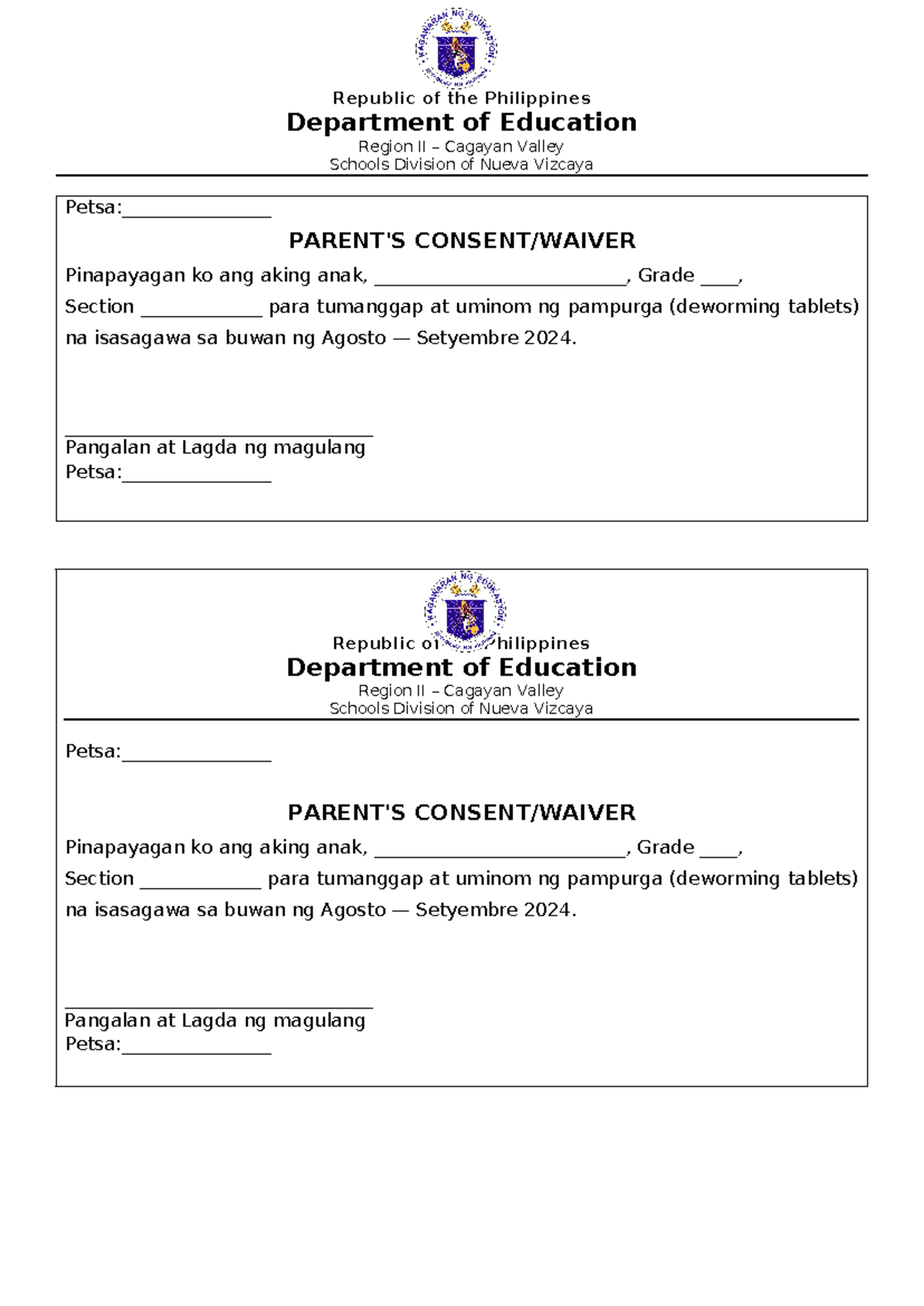 Waiver-Deworming - consent - Republic of the Philippines Department of ...