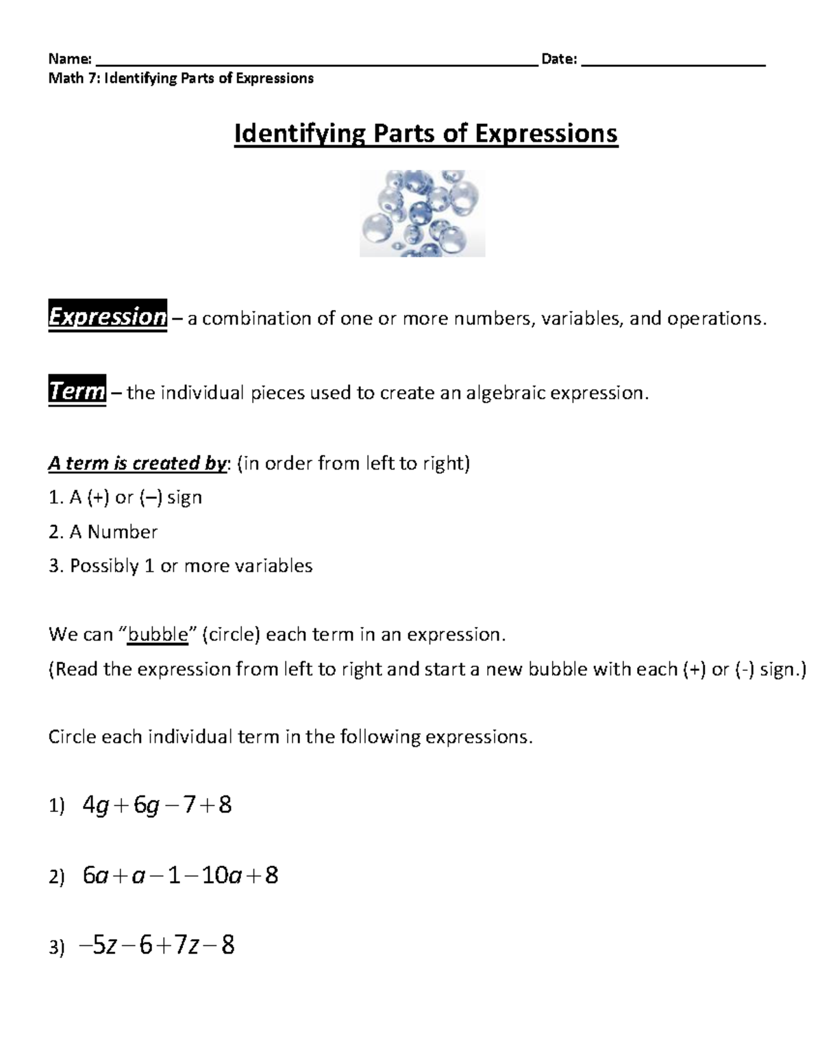 Identifying Parts of Expressions WS - Name