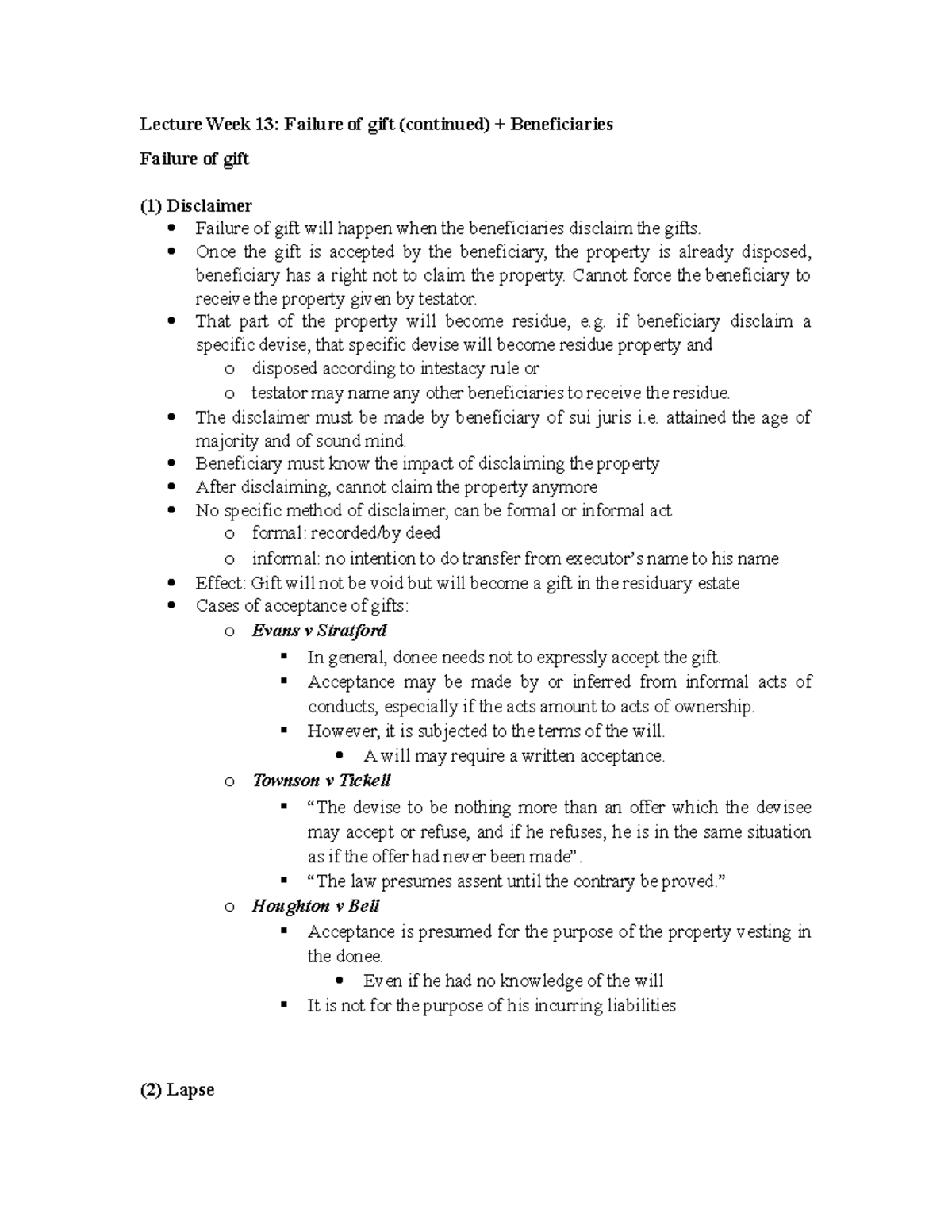 Failure of gifts & beneficiaries - Lecture Week 13: Failure of gift ...